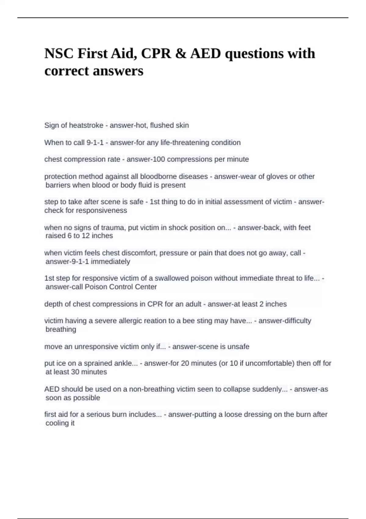 NSC First Aid, CPR & AED questions with correct answers - NSC FIRST AID, CPR & AED - Stuvia US