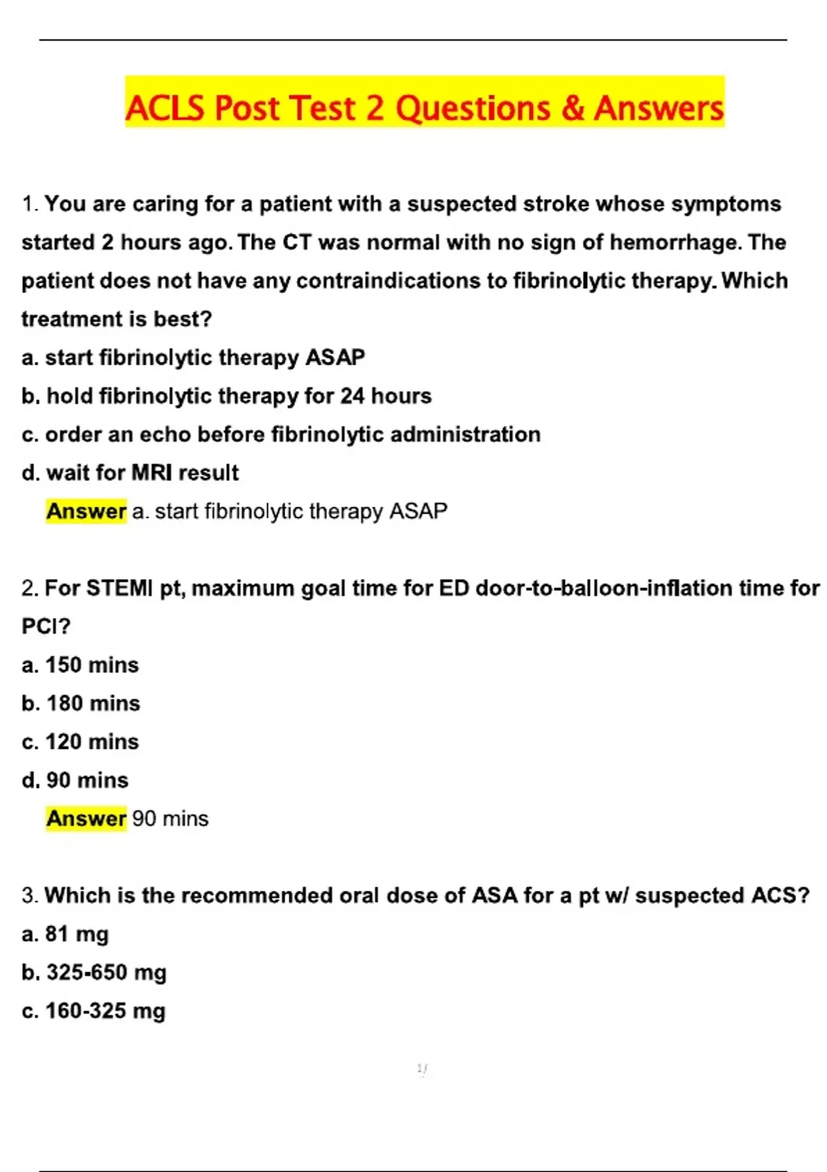 ACLS Post Test 2 (Latest 2025 / 2026 Update) Questions and Verified ...