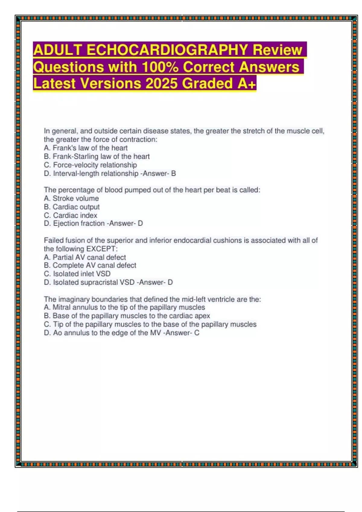 ADULT ECHOCARDIOGRAPHY Review Questions with 100- Correct Answers ...