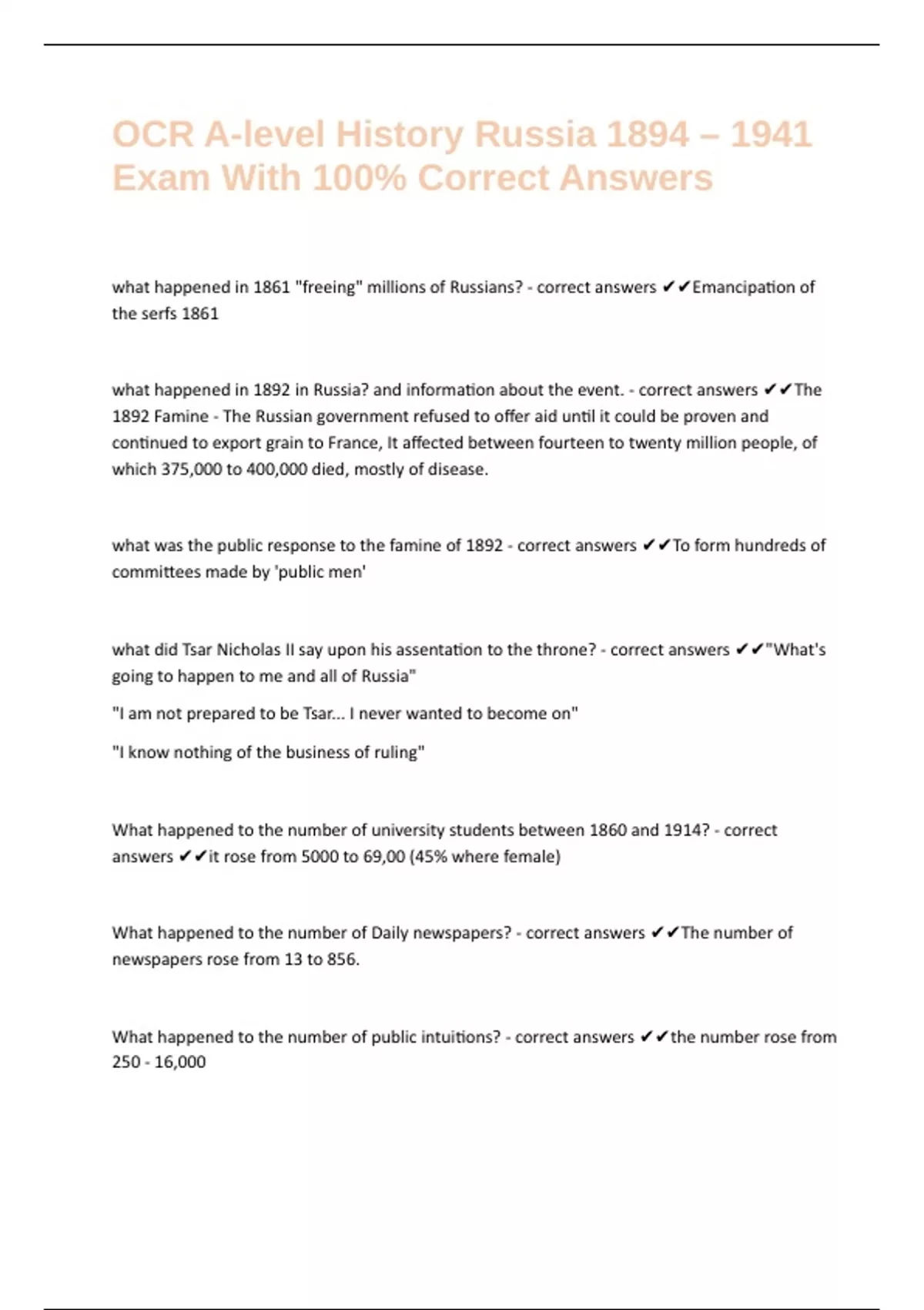 OCR A-level History Russia 1894 – 1941 Exam With 100% Correct Answers ...