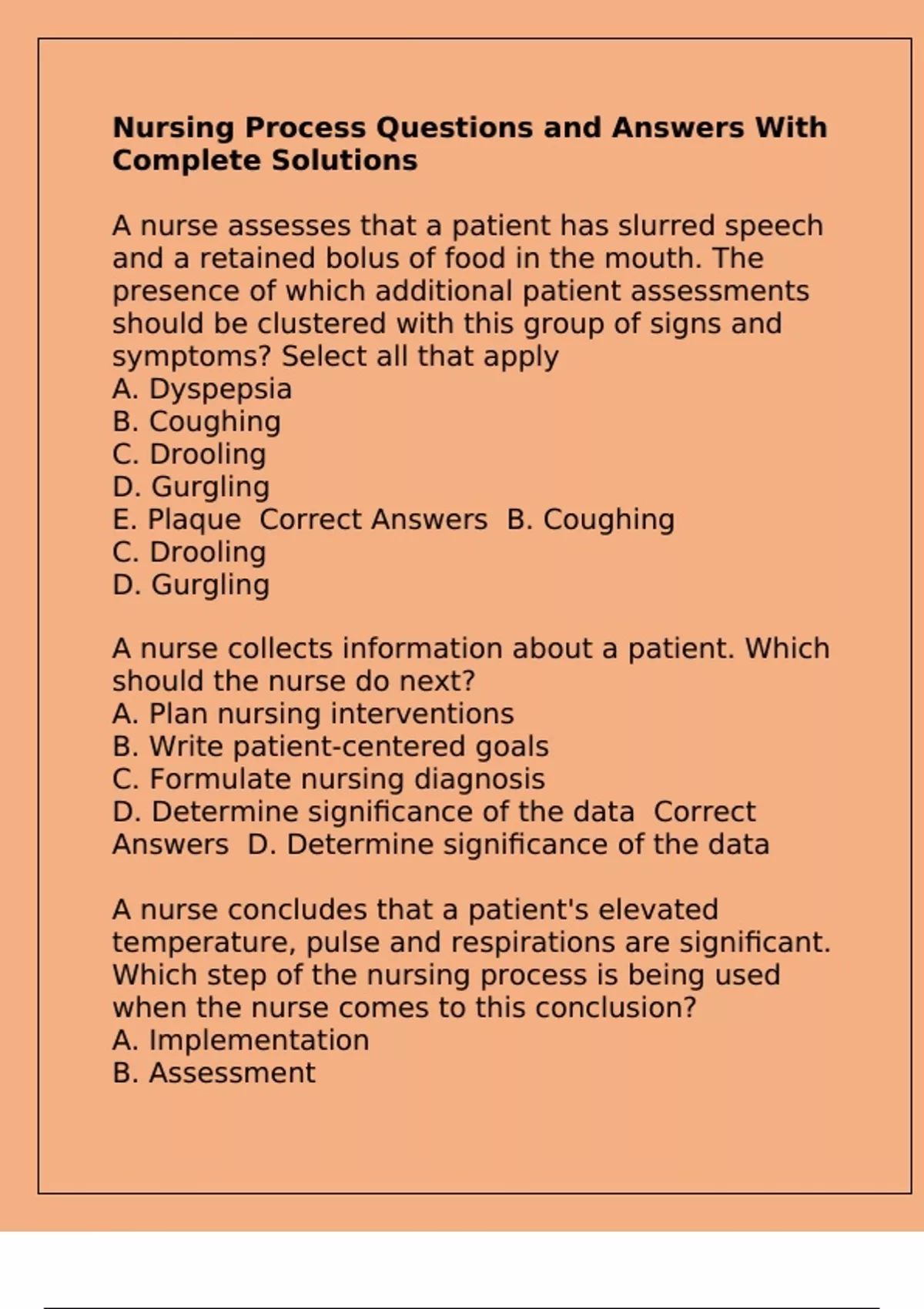 Nursing Process Questions and Answers With Complete Solutions - Nursing - Stuvia US