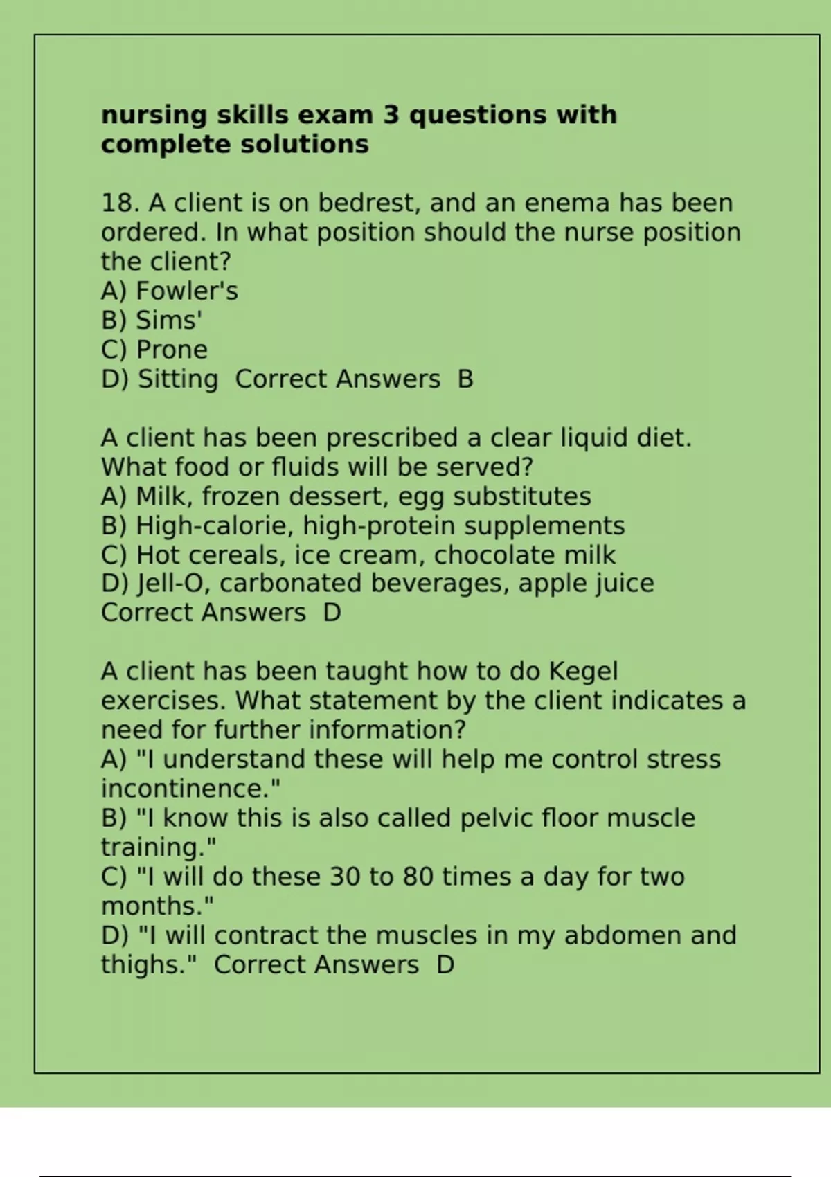 nursing skills exam 3 questions with complete solutions - Nursing ...