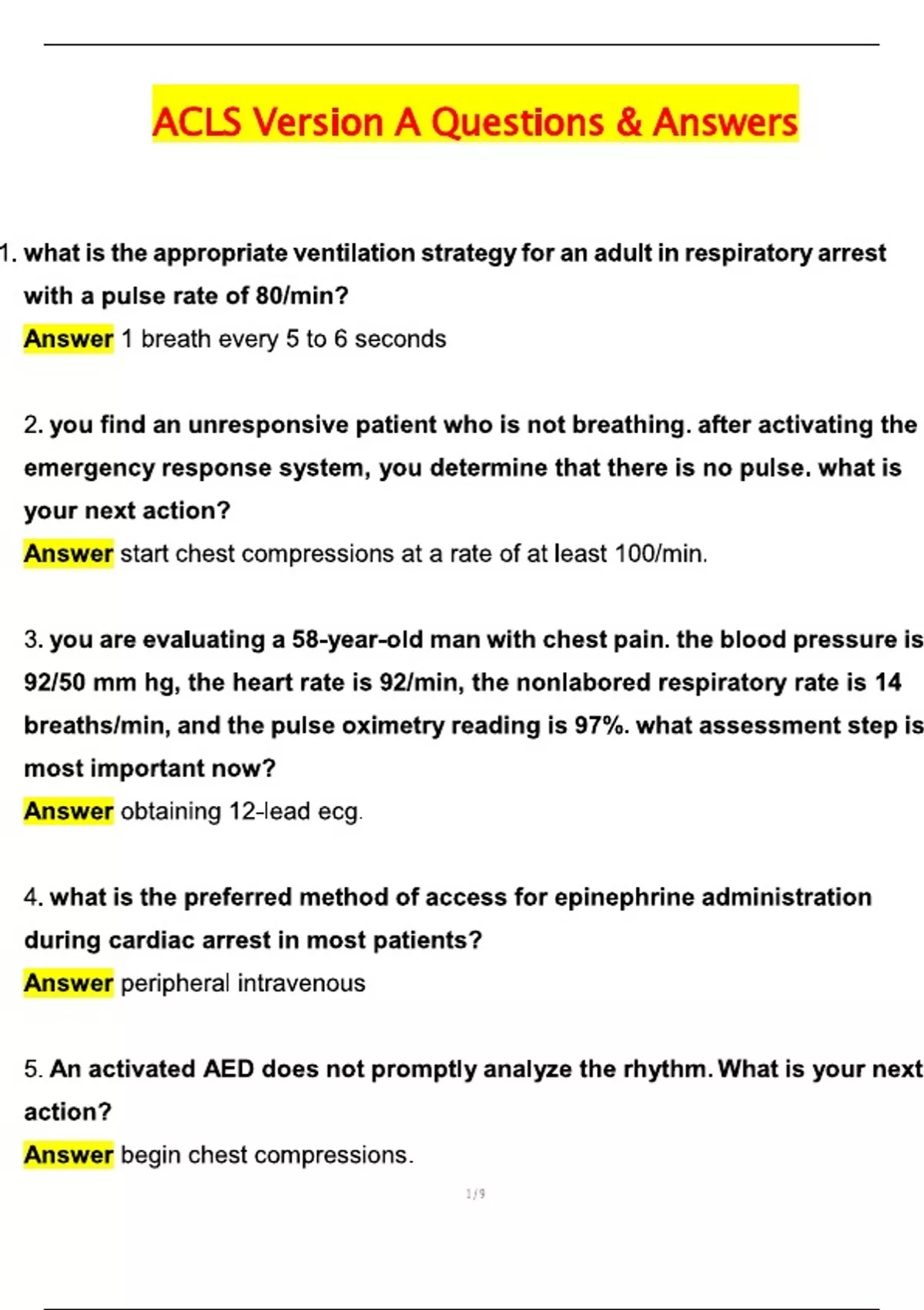 2025 ACLS Version A (Latest 2025 / 2026 Update) Questions and Verified ...