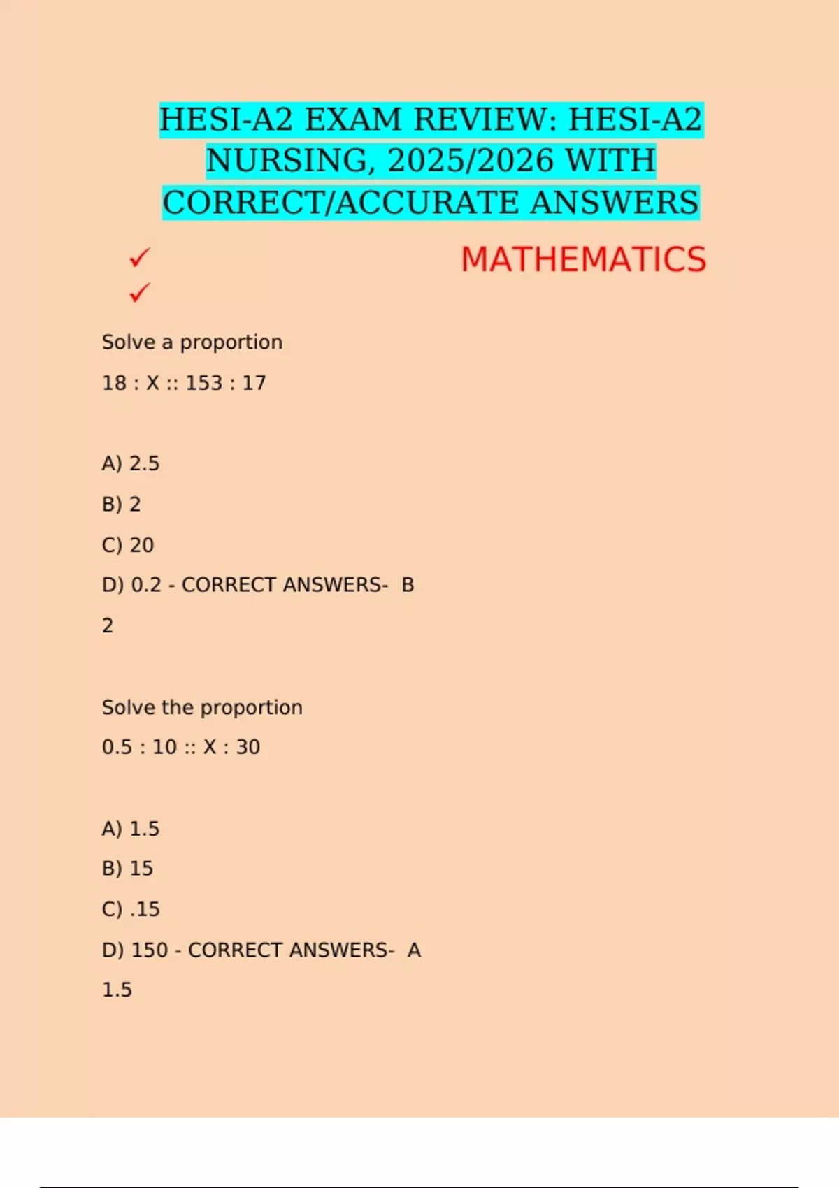 HESI-A2 EXAM REVIEW: HESI-A2 NURSING, 2025/2026 WITH CORRECT/ACCURATE ...