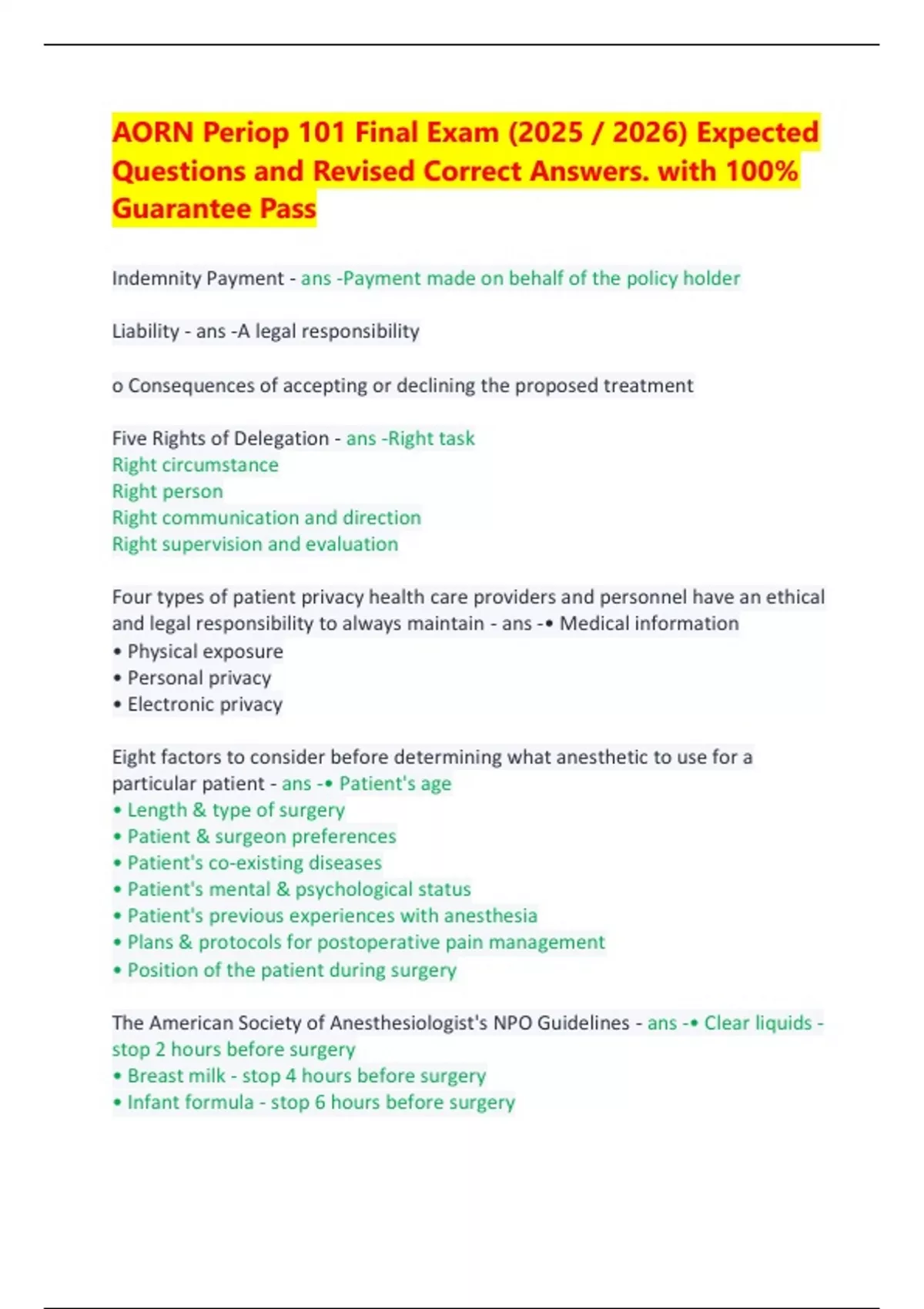 AORN Periop 101 Final Exam (2025 / 2026) Expected Questions and Revised ...