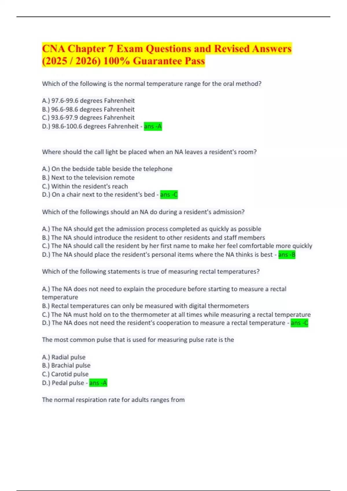 CNA Chapter 7 Exam Questions and Revised Answers (2025 / 2026) 100% Guarantee Pass - Cna - Stuvia US