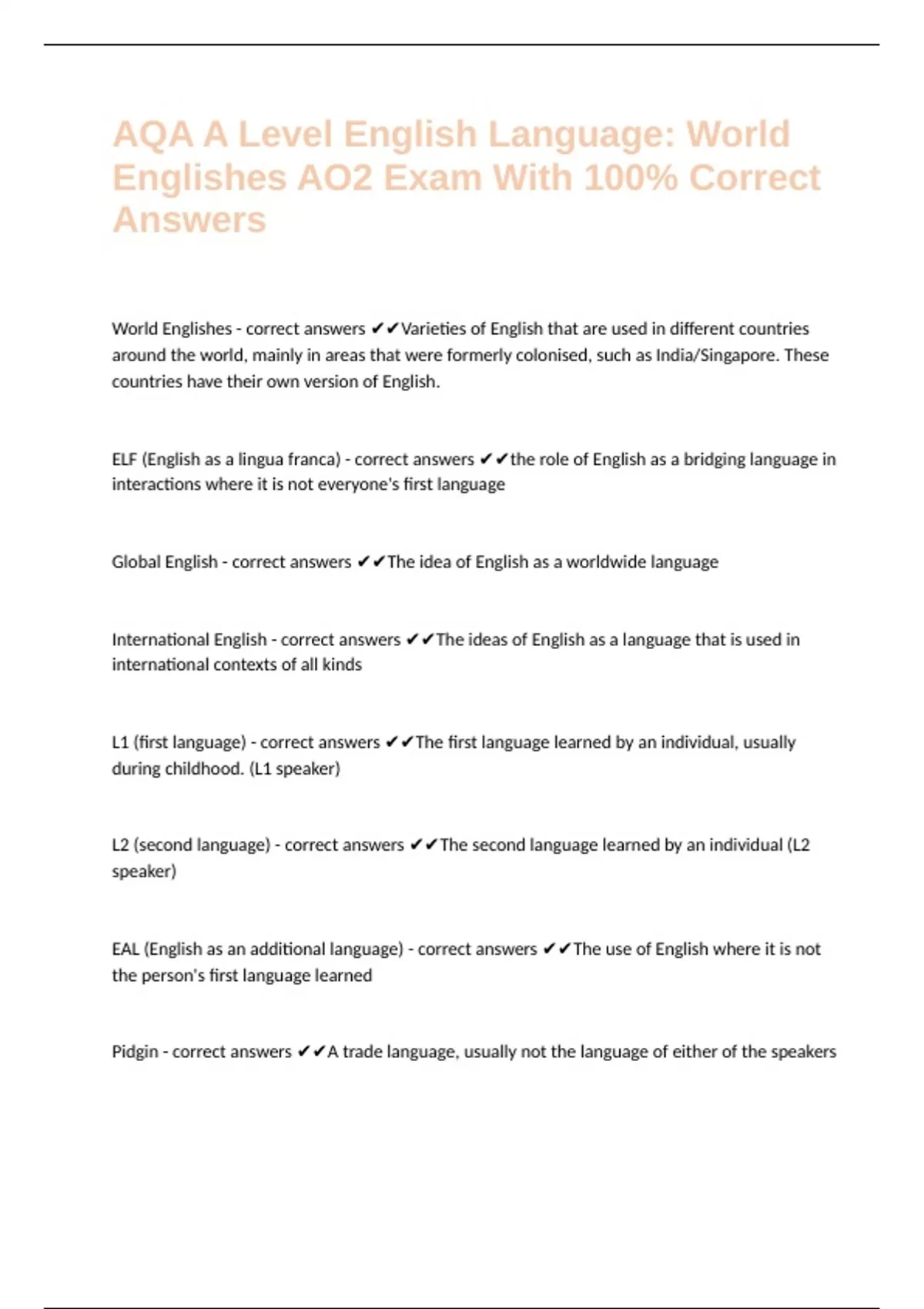 AQA A Level English Language: World Englishes AO2 Exam With 100% ...