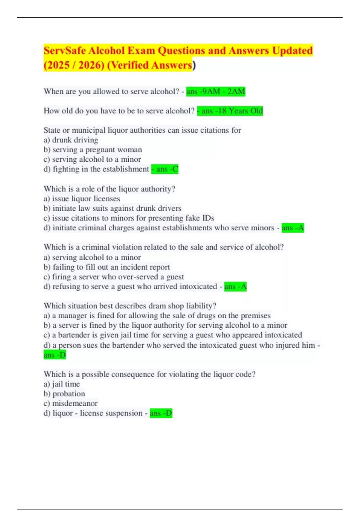 ServSafe Alcohol Exam Questions and Answers Updated (2025 / 2026 ...