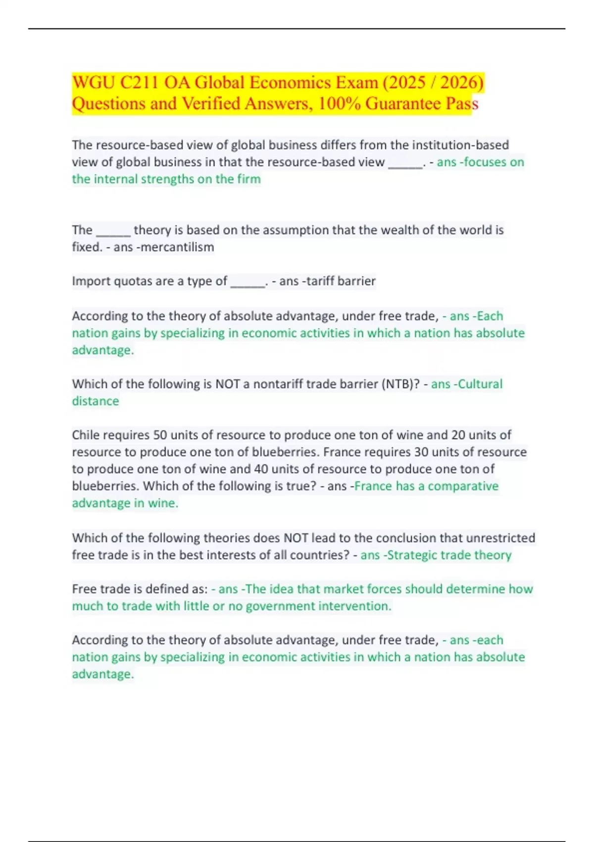 WGU C211 OA Global Economics Exam (2025 / 2026) Questions and Verified ...