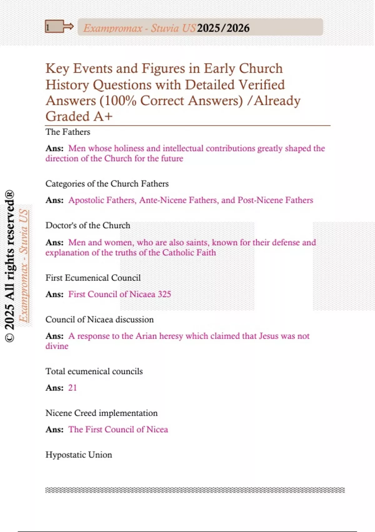 Key Events and Figures in Early Church History Questions with Detailed ...