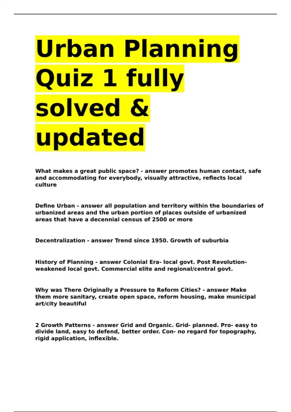 Urban Planning Quiz 1 fully solved & updated. - CITY PLANNING - Stuvia US