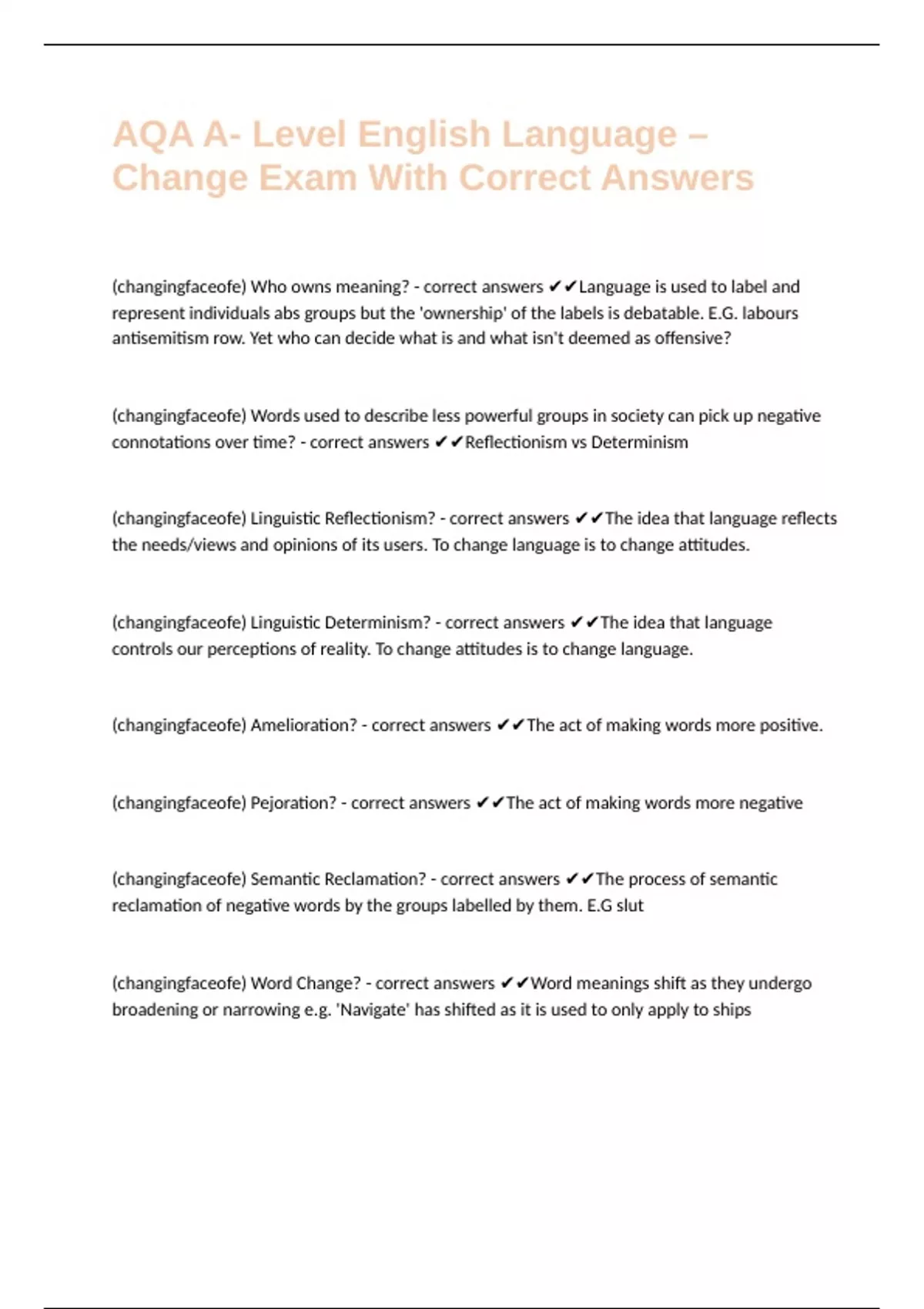 AQA A- Level English Language – Change Exam With Correct Answers - AQA ...