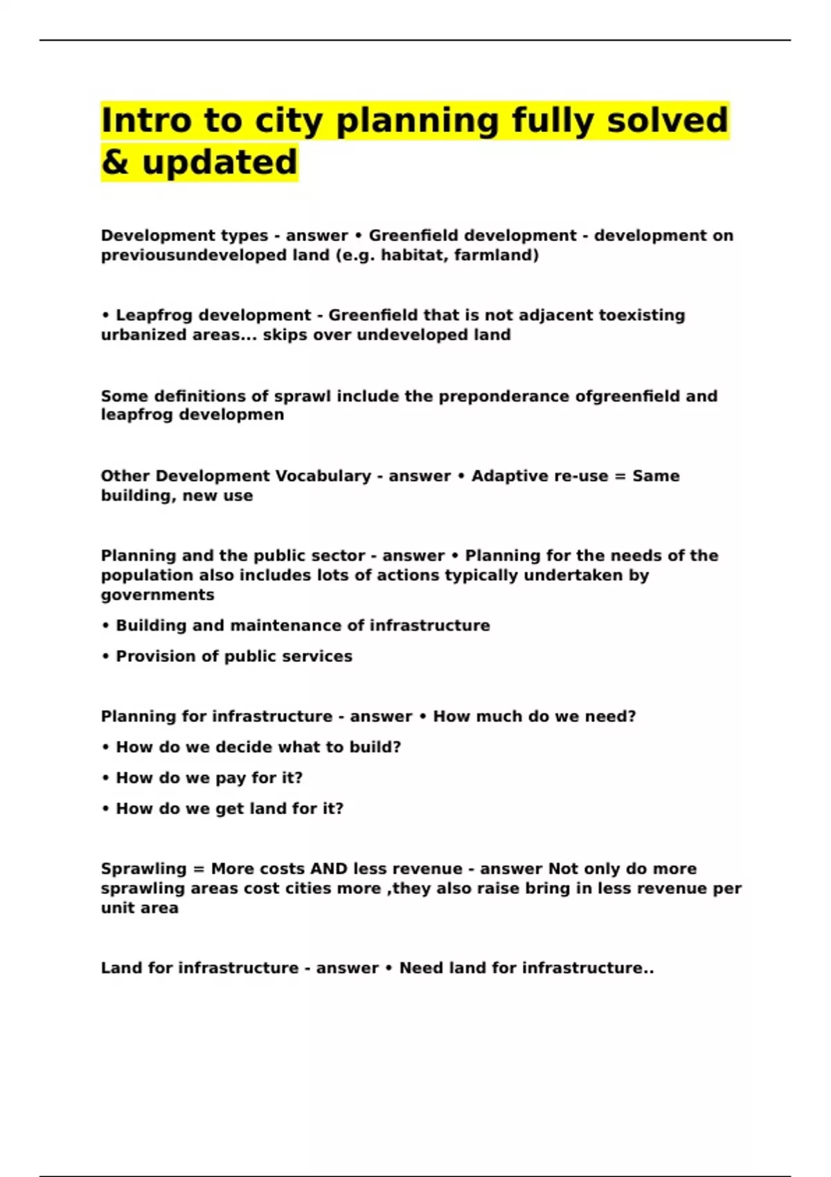 Intro to city planning fully solved & updated. - CITY PLANNING - Stuvia US