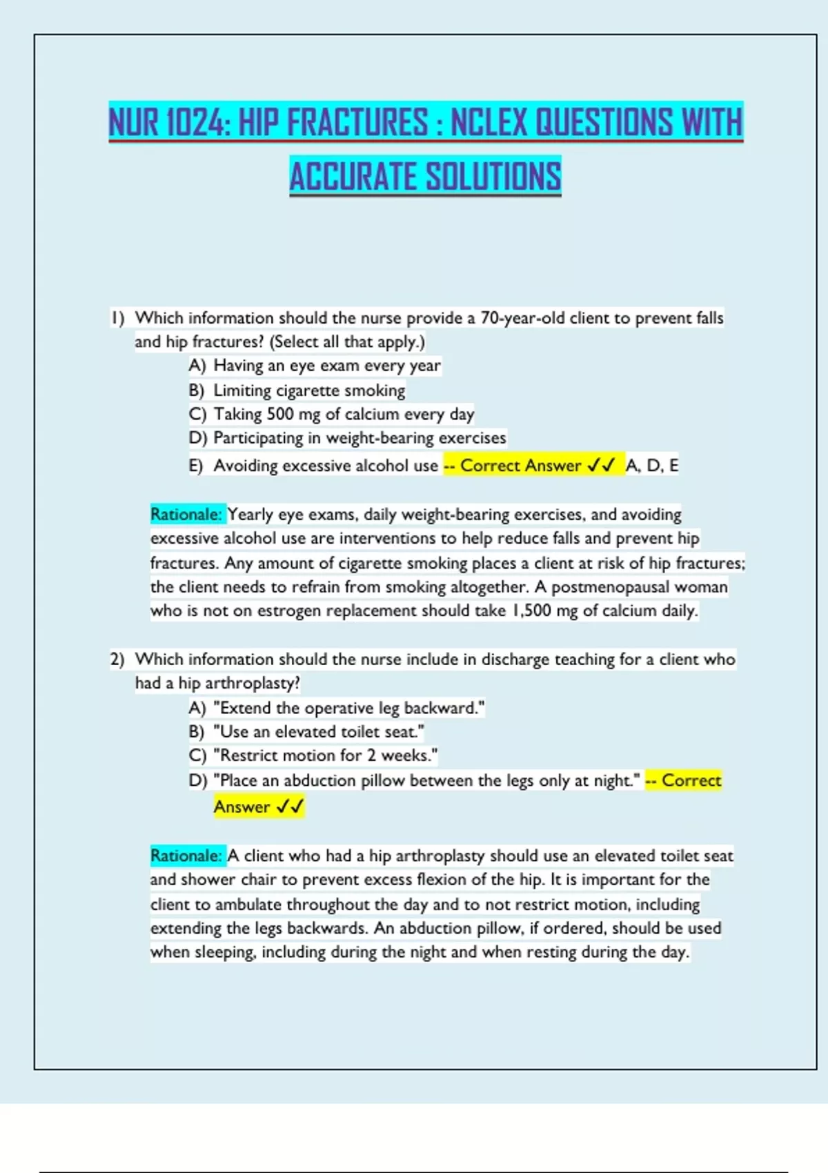 NUR 1024: HIP FRACTURES : NCLEX QUESTIONS WITH ACCURATE SOLUTIONS - NUR ...