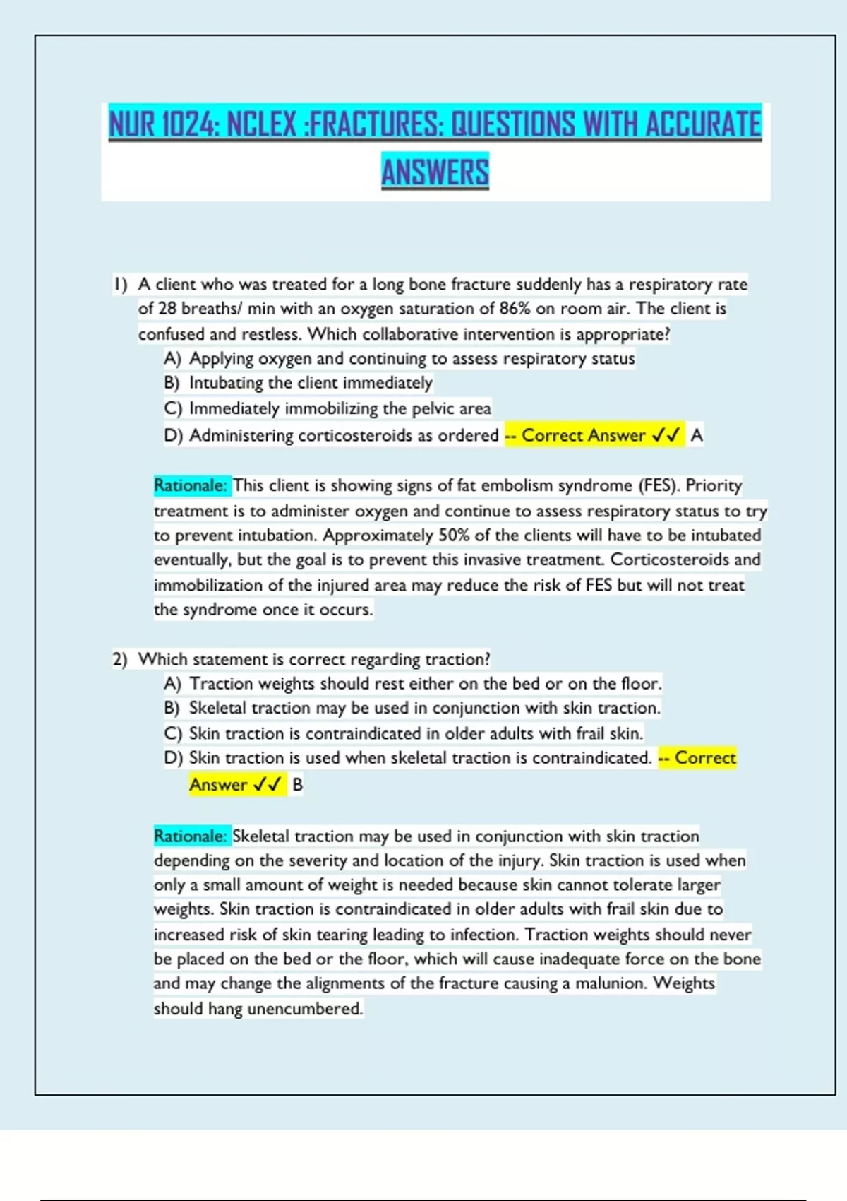 NUR 1024: FRACTURES: NCLEX QUESTIONS WITH ACCURATE ANSWERS - NUR 1024 ...