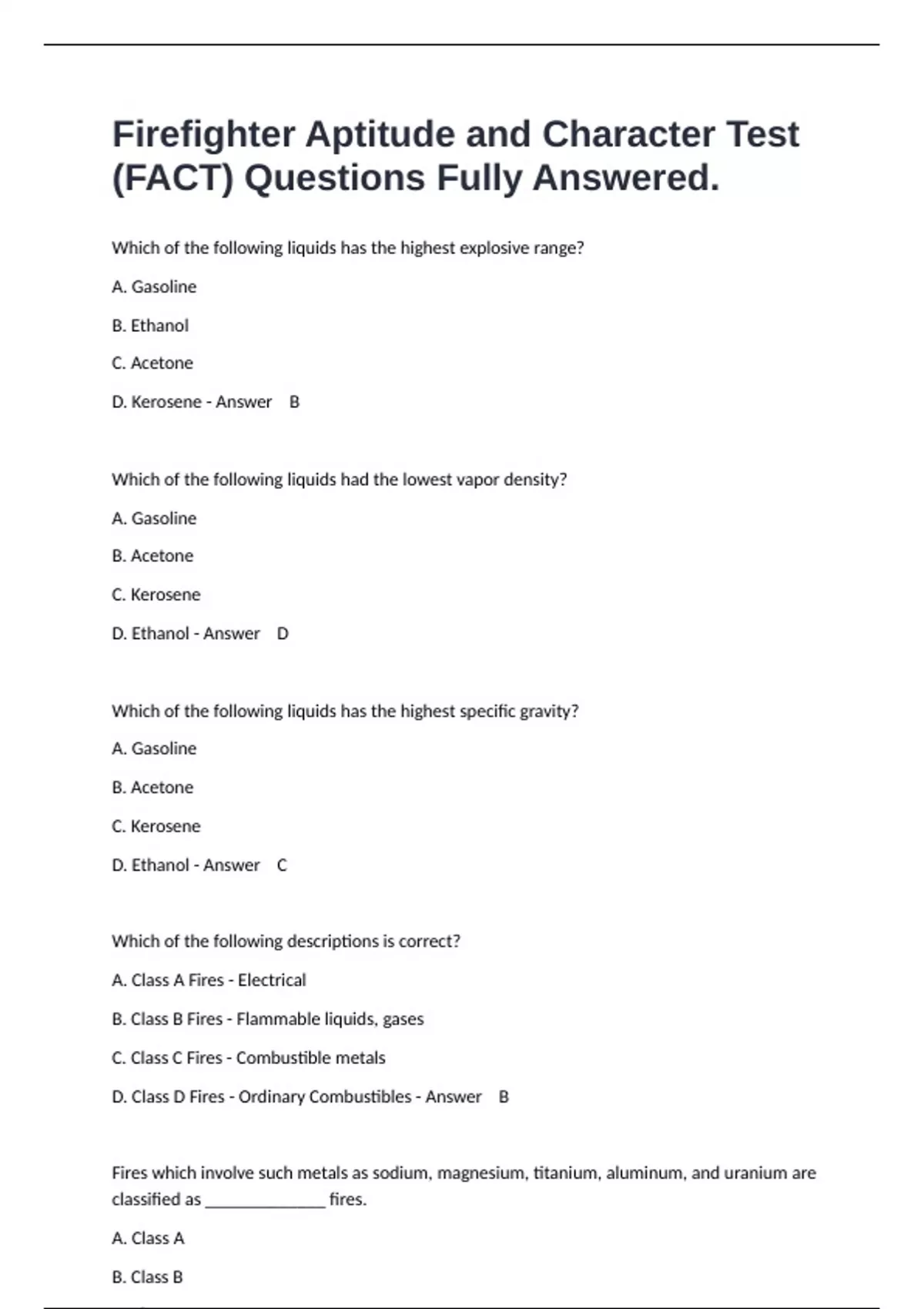 Firefighter Aptitude and Character Test (FACT) Questions Fully Answered ...