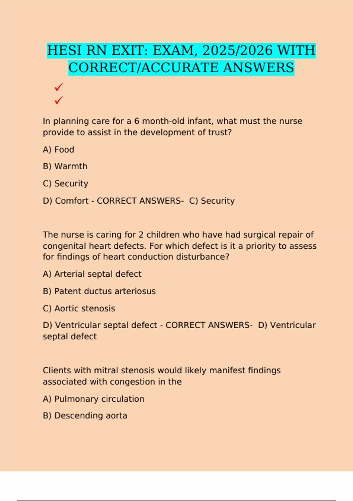HESI RN EXIT: EXAM, 2025/2026 WITH CORRECT/ACCURATE ANSWERS - HESI RN ...