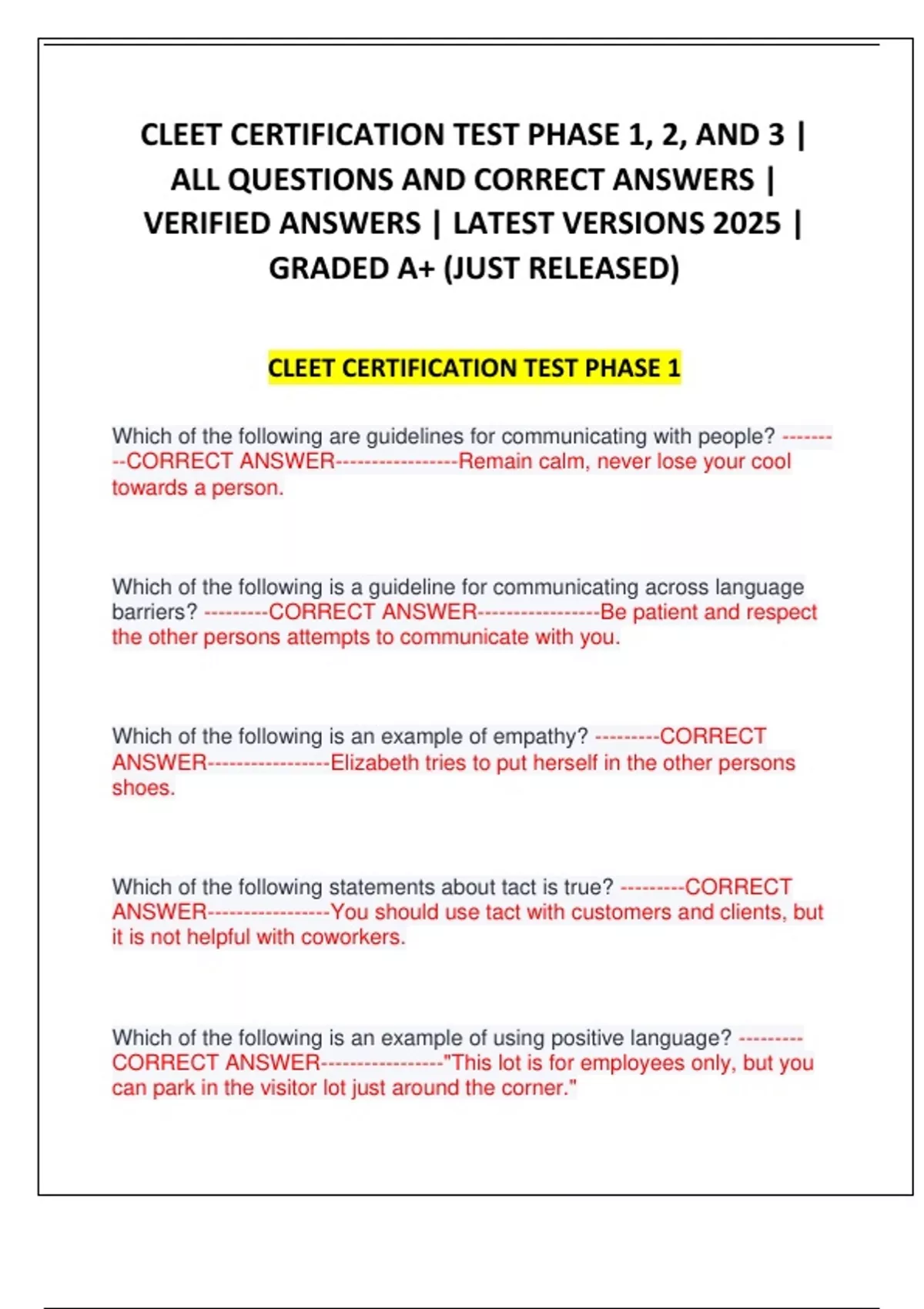 CLEET CERTIFICATION TEST PHASE 1, 2, AND 3 | ALL QUESTIONS AND CORRECT ...