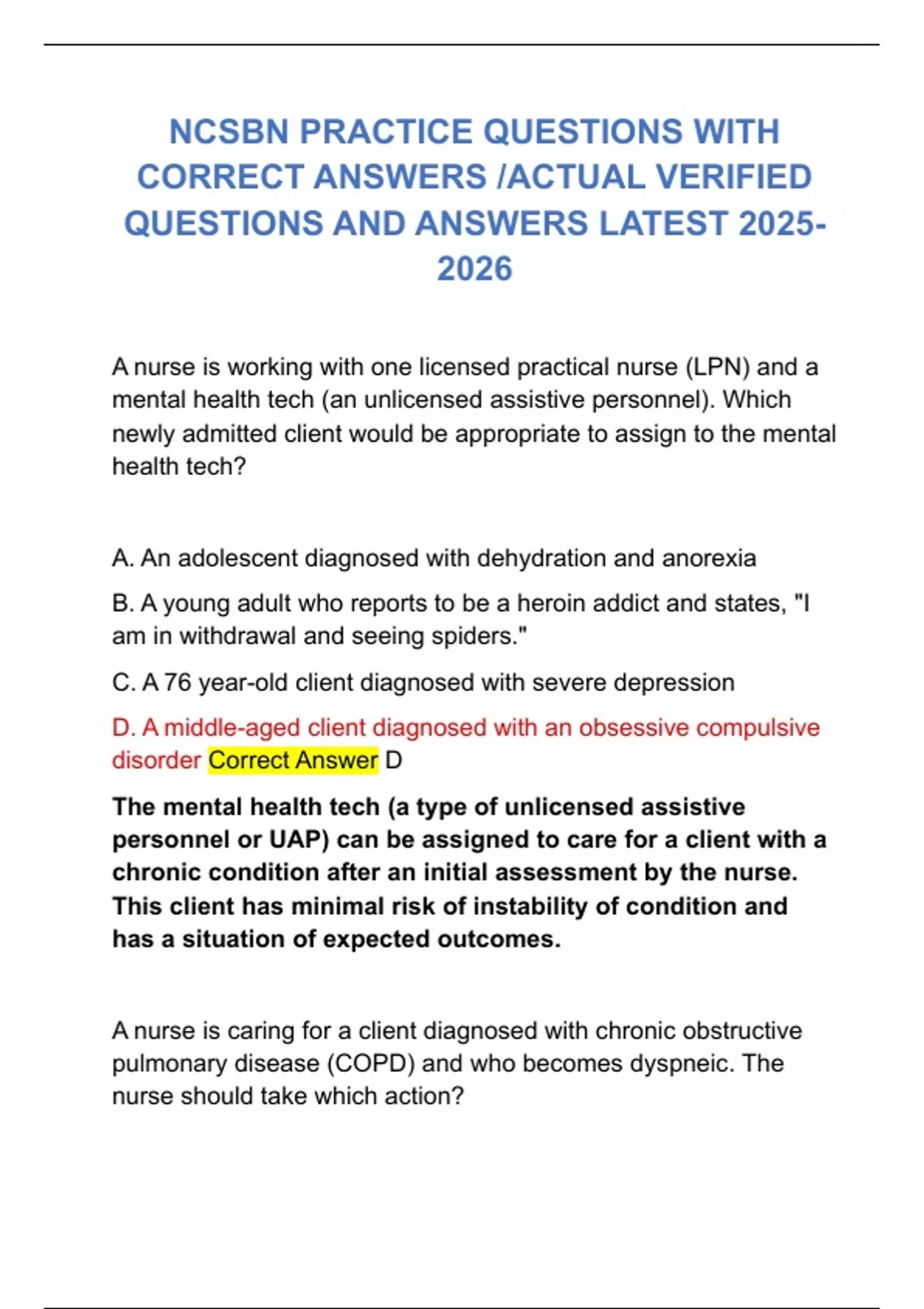 NCSBN PRACTICE QUESTIONS WITH CORRECT ANSWERS /ACTUAL VERIFIED ...