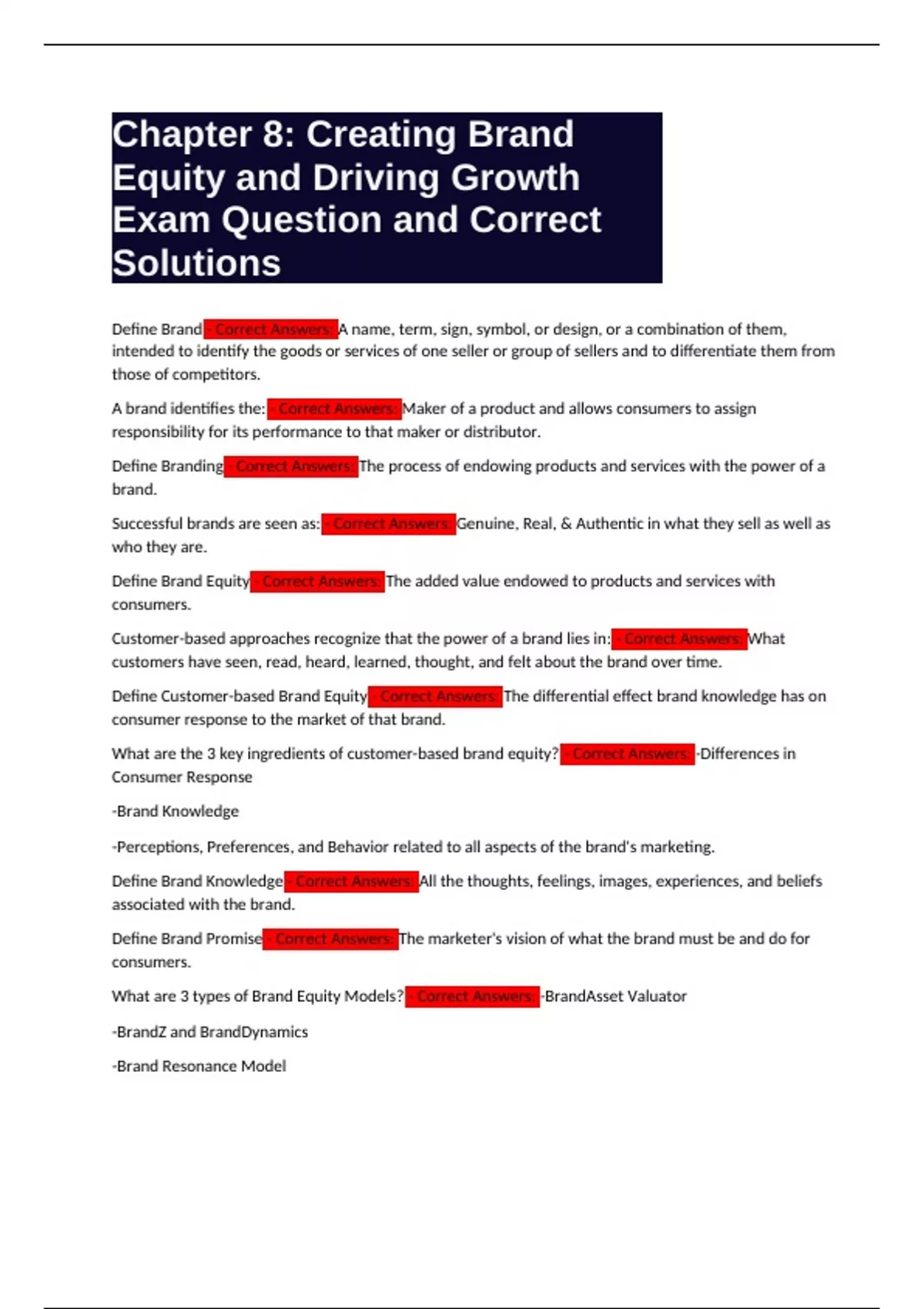 Chapter 8 Creating Brand Equity and Driving Growth Exam Question and ...