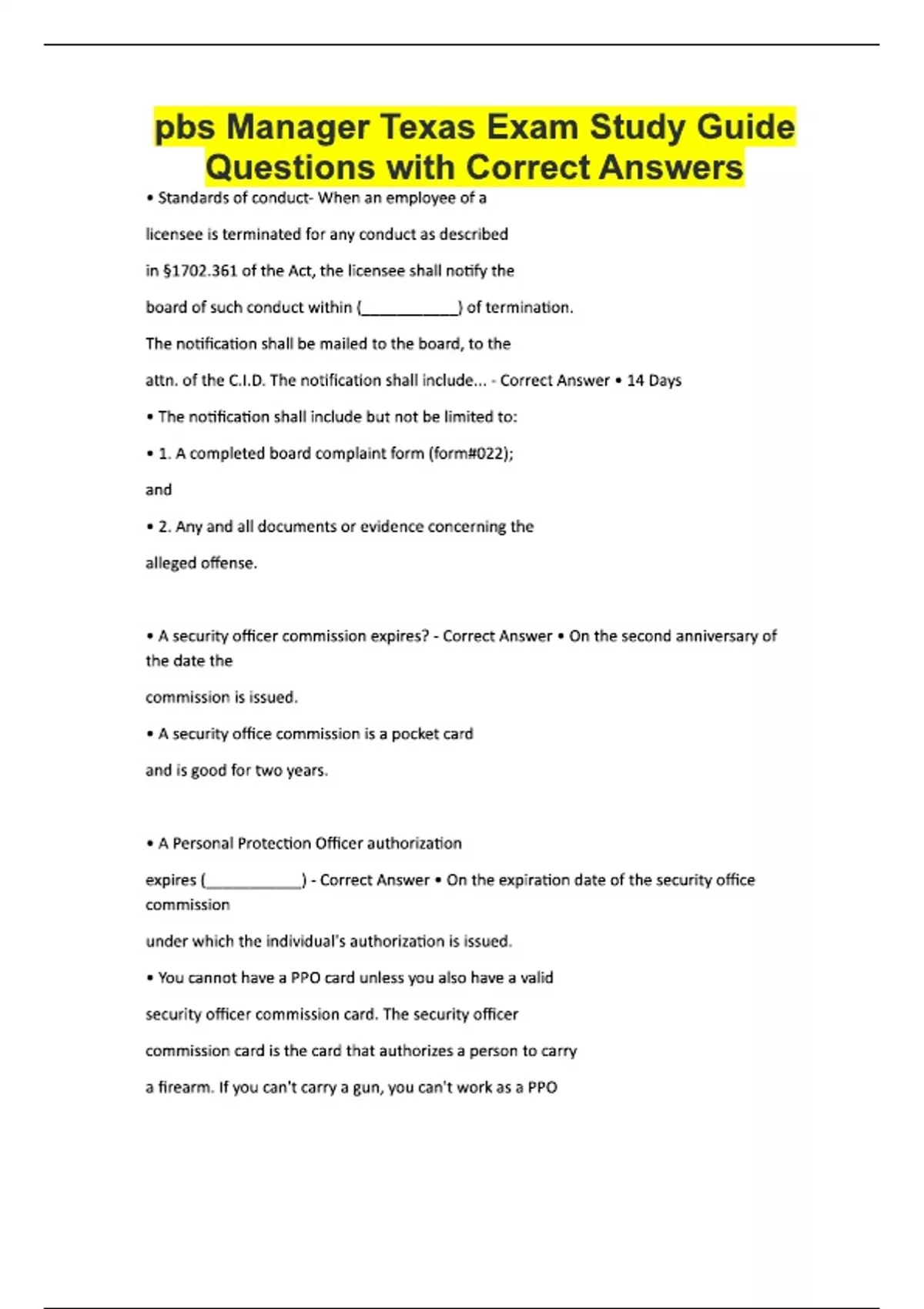 pbs Manager Texas Exam Study Guide Questions with Correct Answers ...