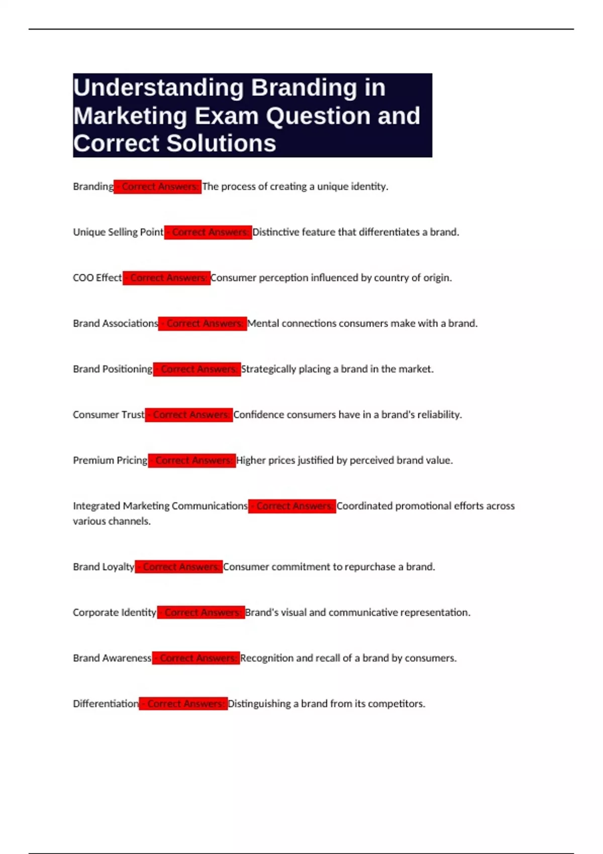 Understanding Branding in Marketing Exam Question and Correct Solutions ...