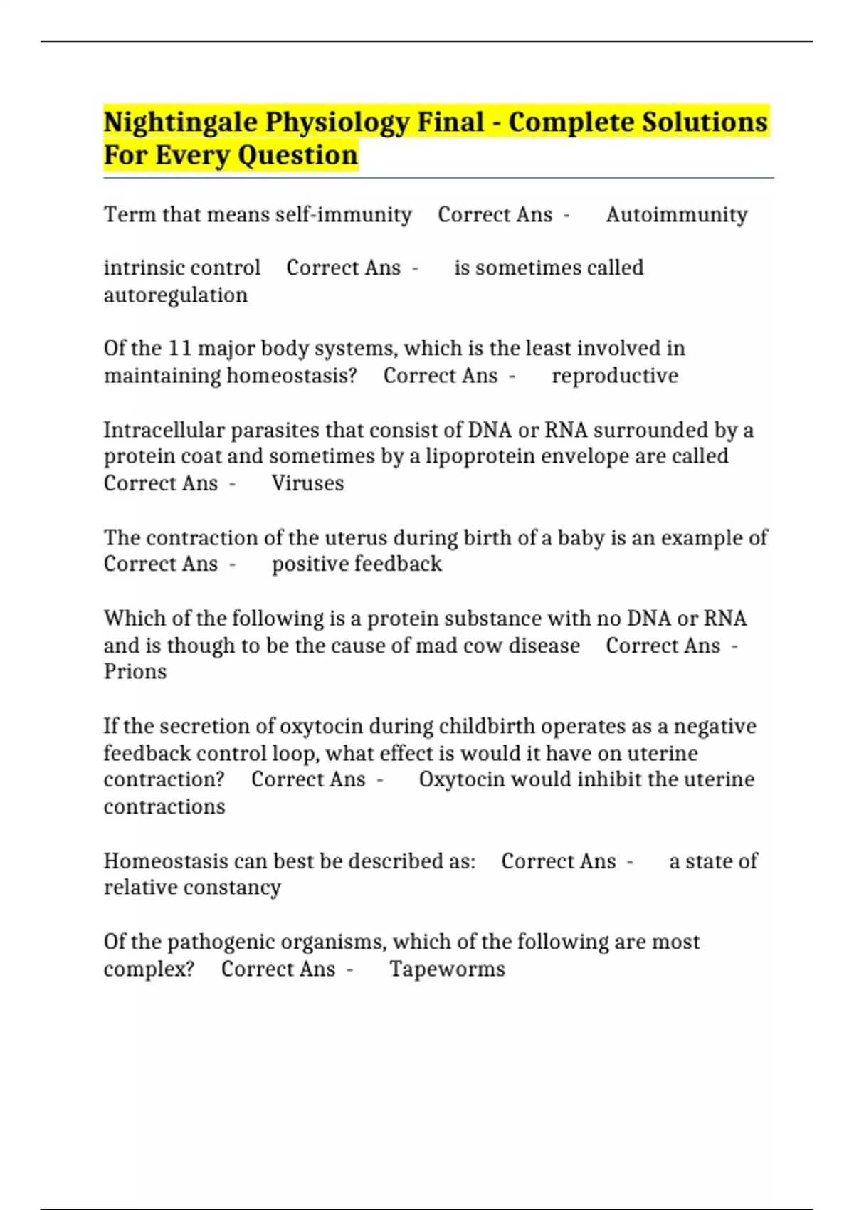 Nightingale Physiology Final - Complete Solutions For Every Question ...