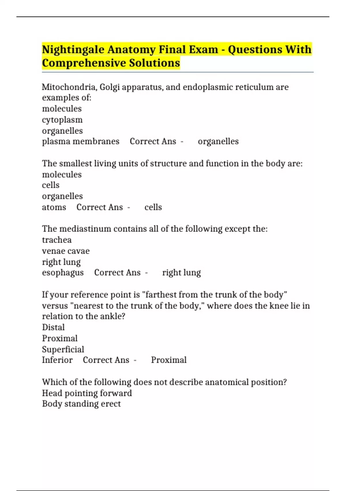 Nightingale Anatomy Final Exam - Questions With Comprehensive Solutions ...