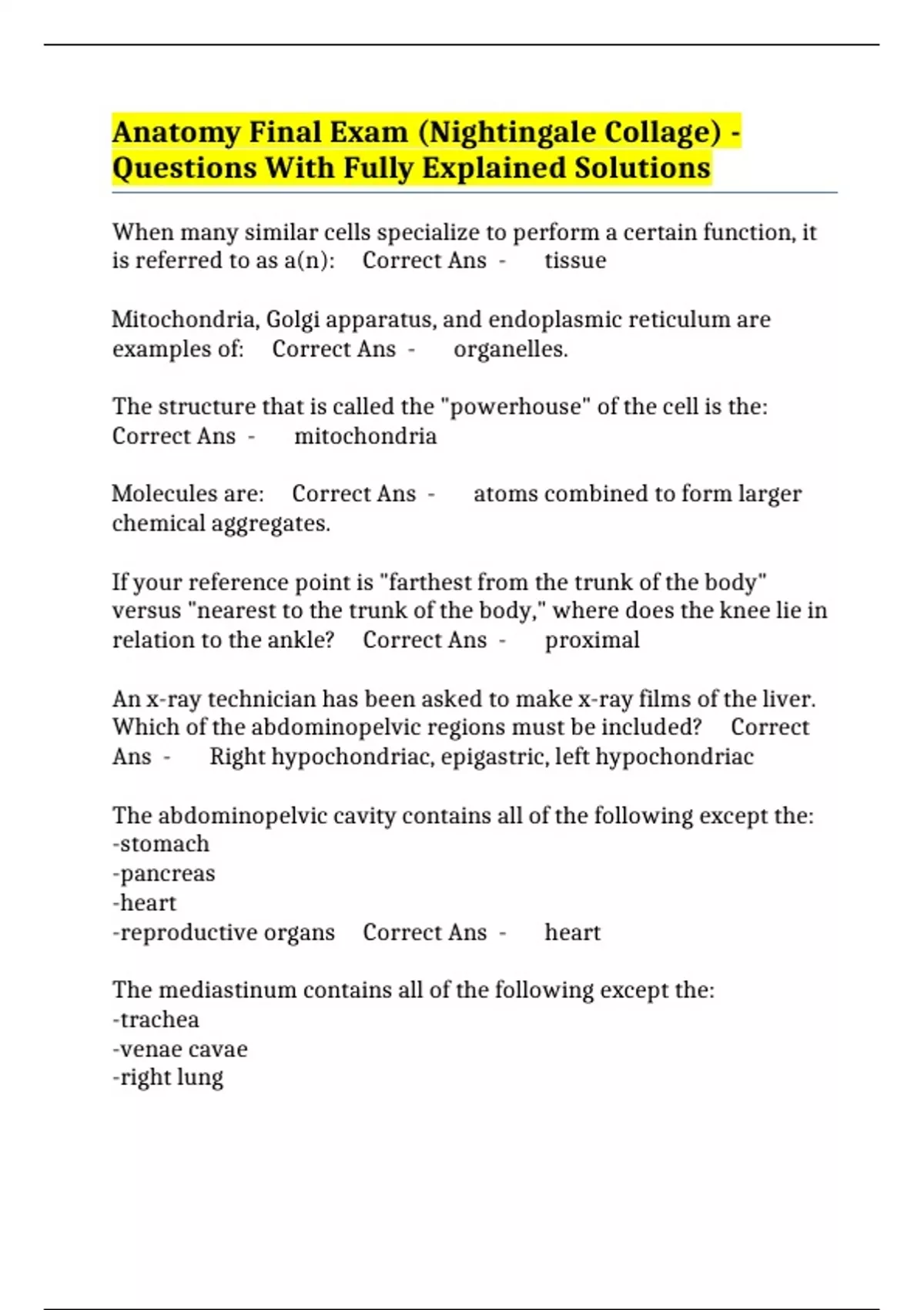 Anatomy Final Exam (Nightingale Collage) - Questions With Fully ...