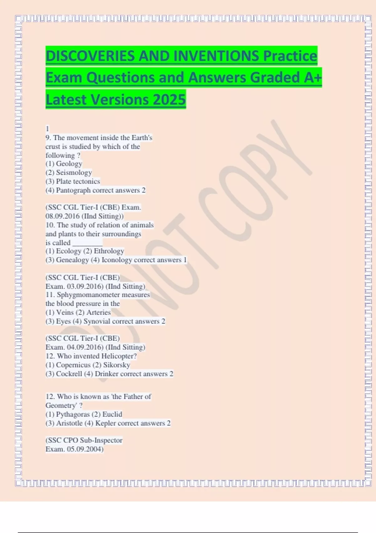 DISCOVERIES AND INVENTIONS Practice Exam Questions and Answers Graded ...