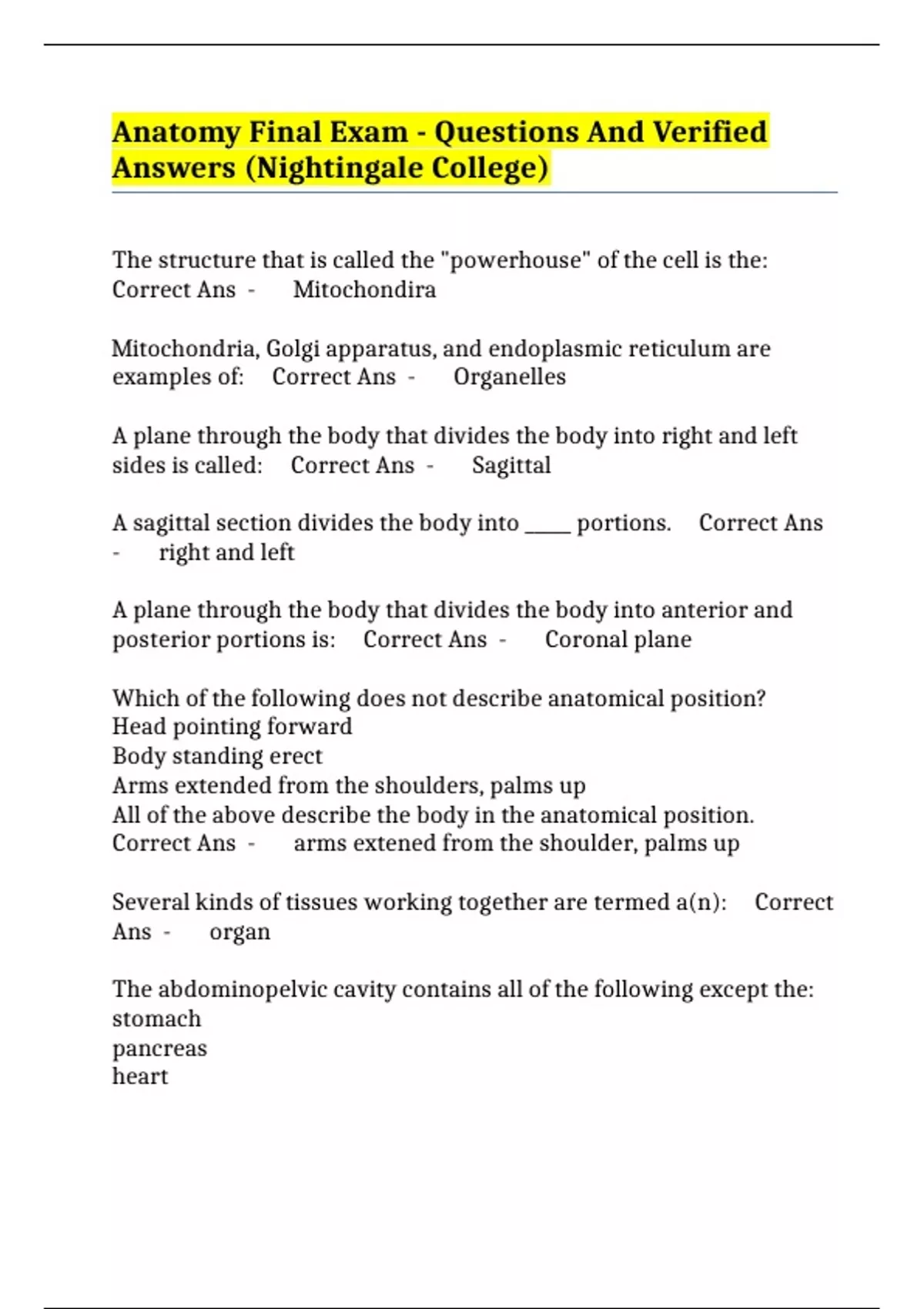 Anatomy Final Exam - Questions And Verified Answers (Nightingale ...