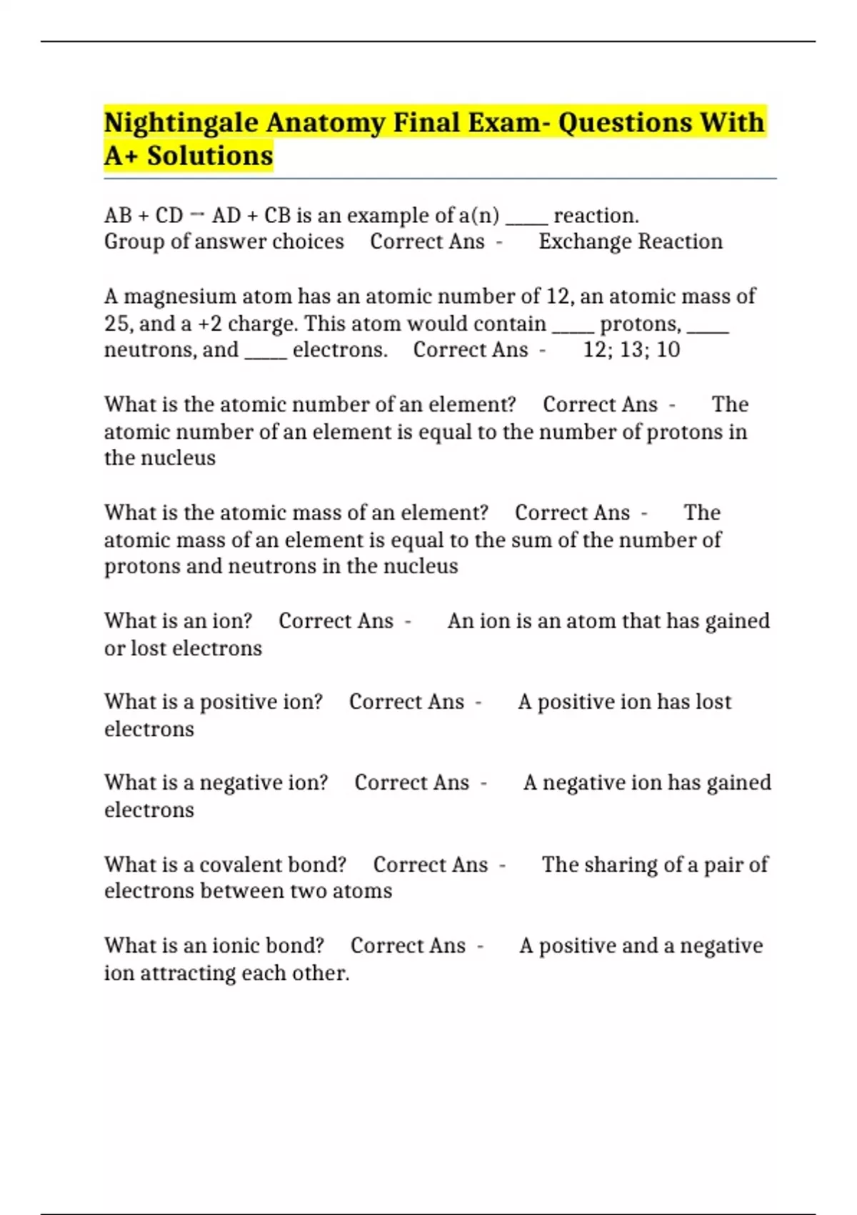 Nightingale Anatomy Final Exam- Questions With A+ Solutions ...