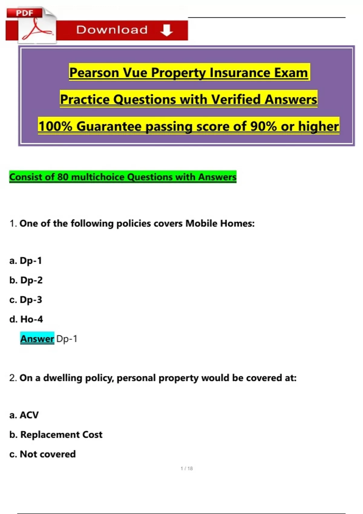 Study Bundle for Pearson Vue Property Insurance with 4 Practice Exams: 260 Practice Questions ...