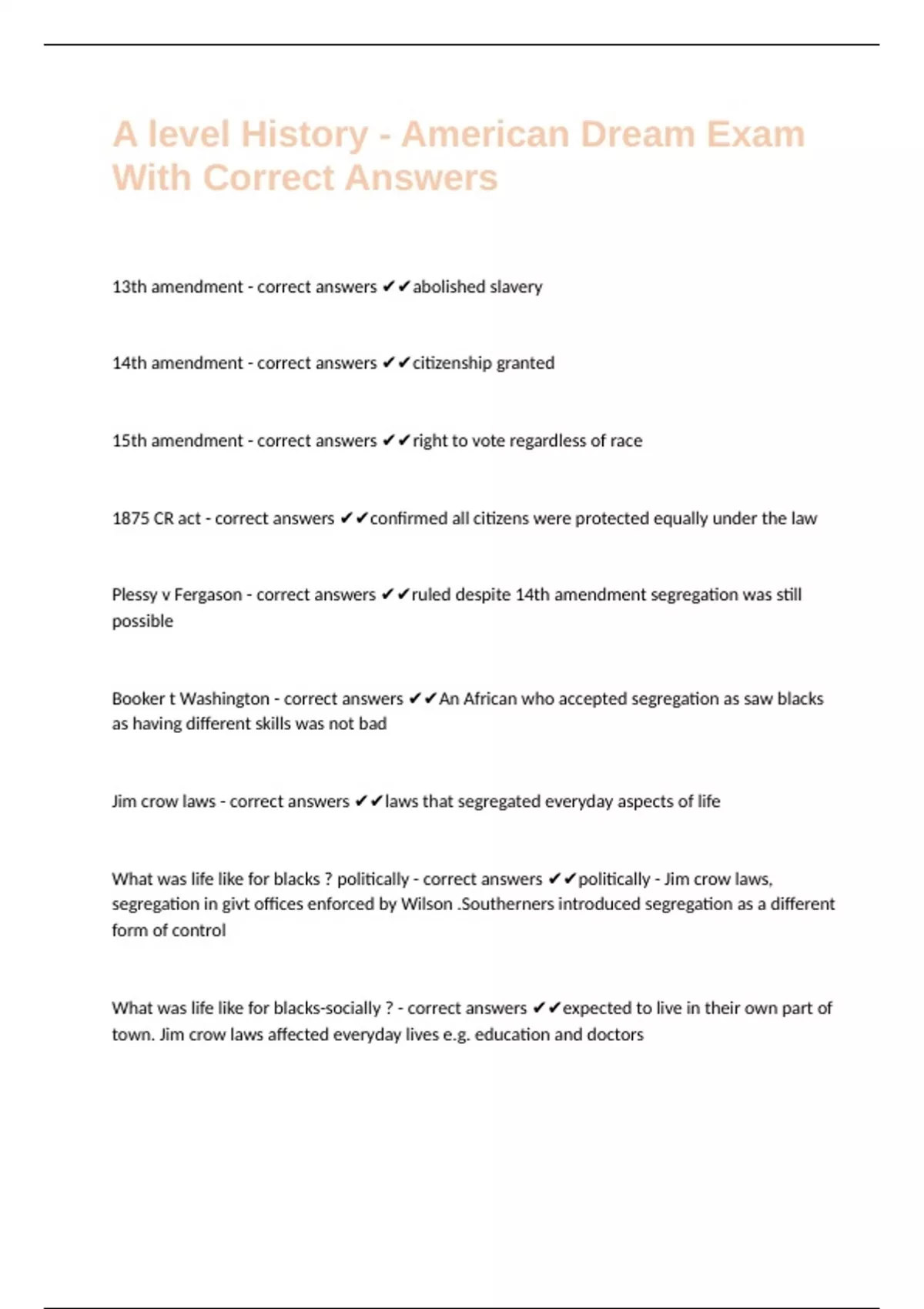 A level History - American Dream Exam With Correct Answers - A level ...