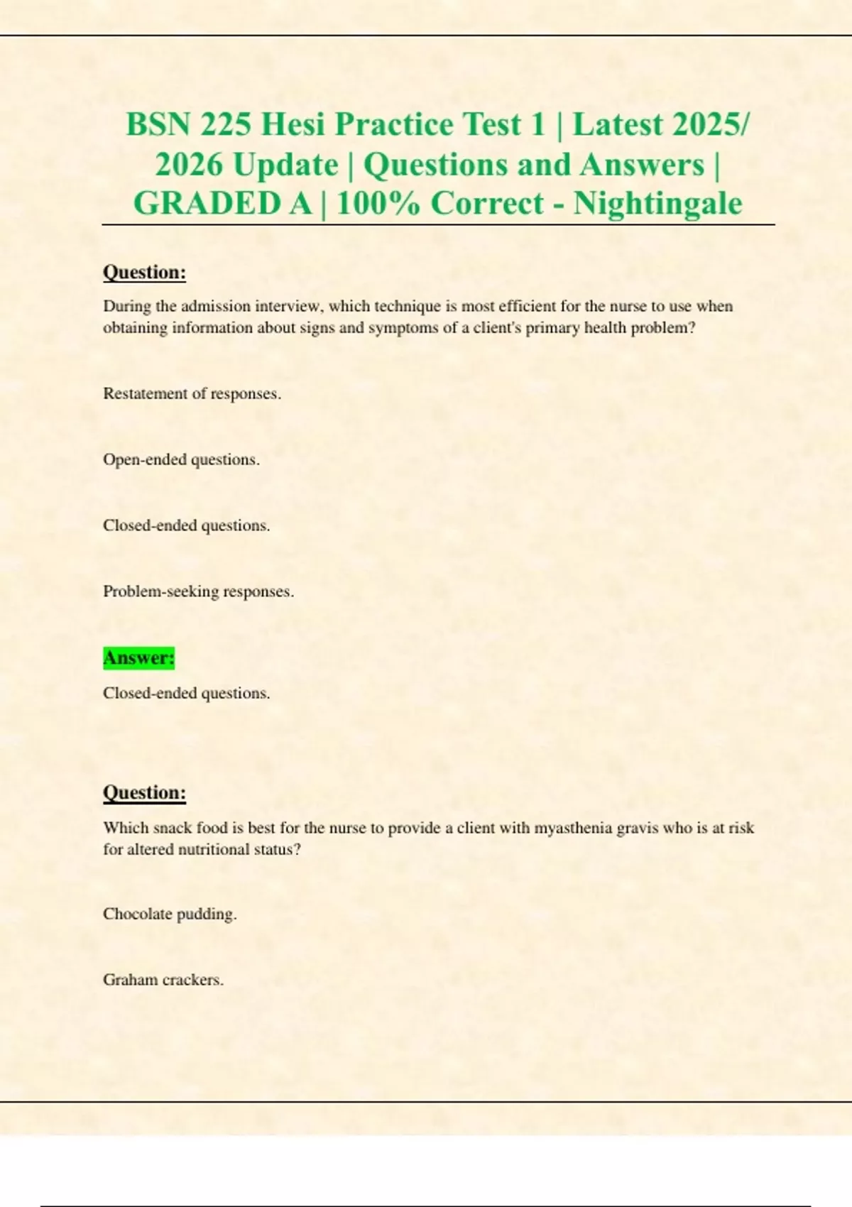 BSN 225 Hesi Practice Test 1 | Latest 2025/ 2026 Update | Questions and ...