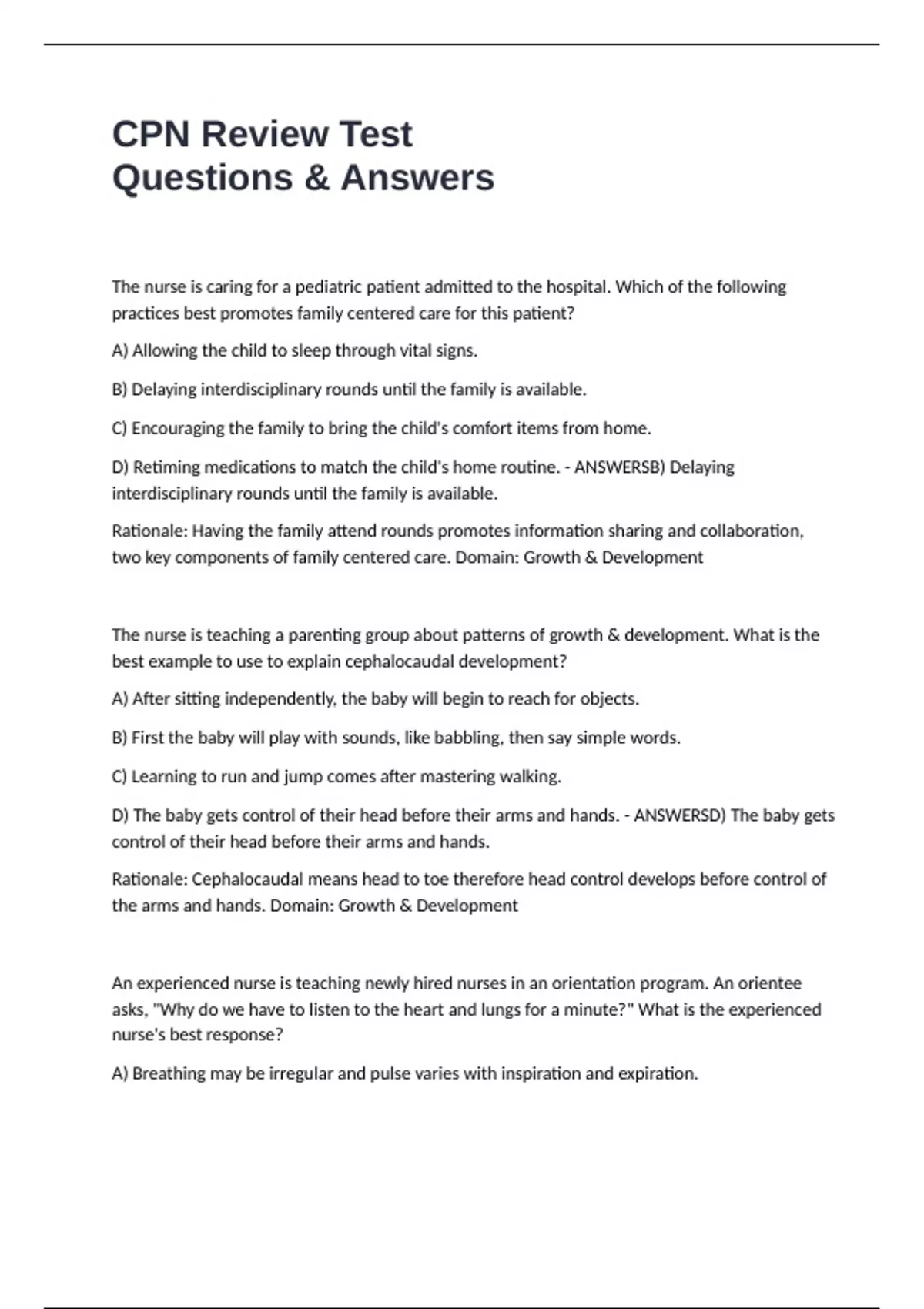 CPN Review Test Questions & Answers - CPN - Stuvia US