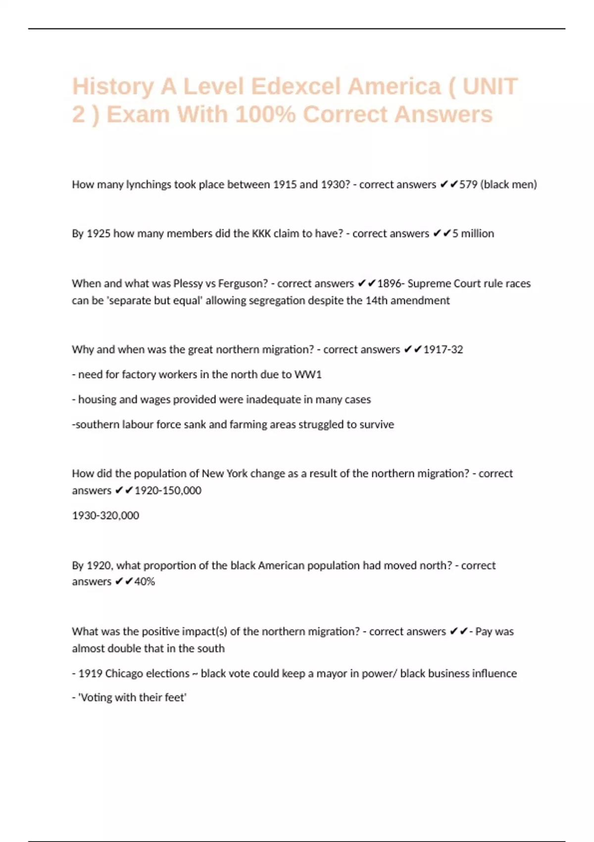 History A Level Edexcel America ( UNIT 2 ) Exam With 100% Correct ...