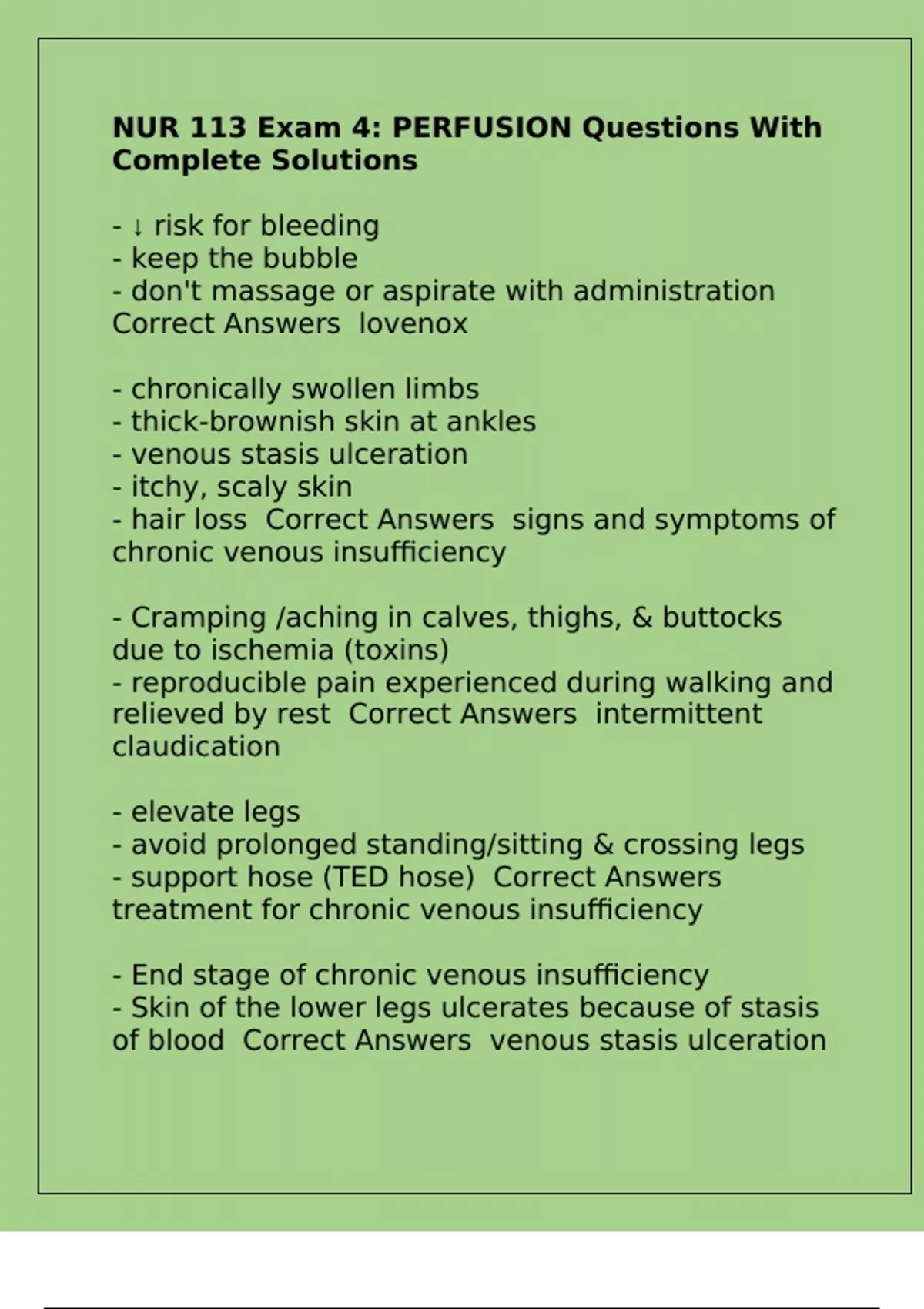 NUR 113 Exam 4: PERFUSION Questions With Complete Solutions - NUR 113 ...