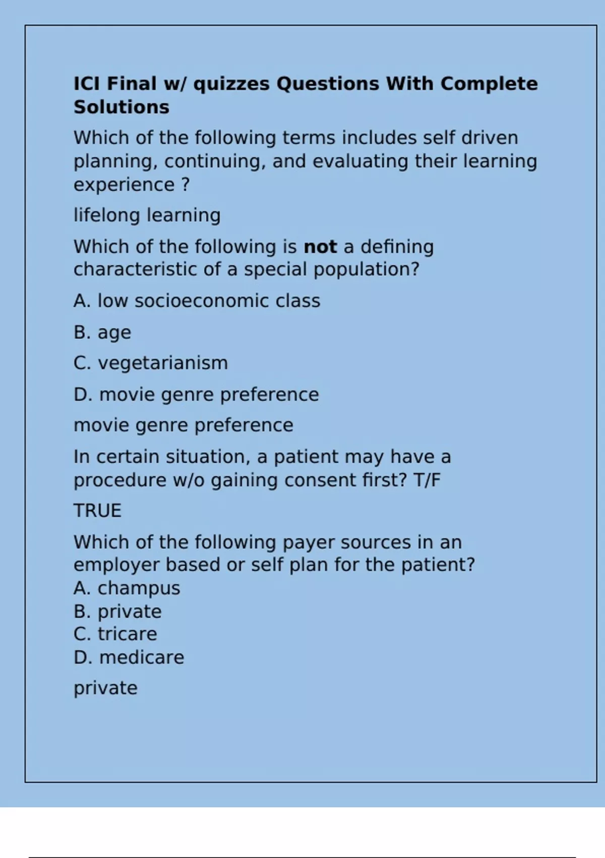 ICI Final w/ quizzes Questions With Complete Solutions - ICI - Stuvia US