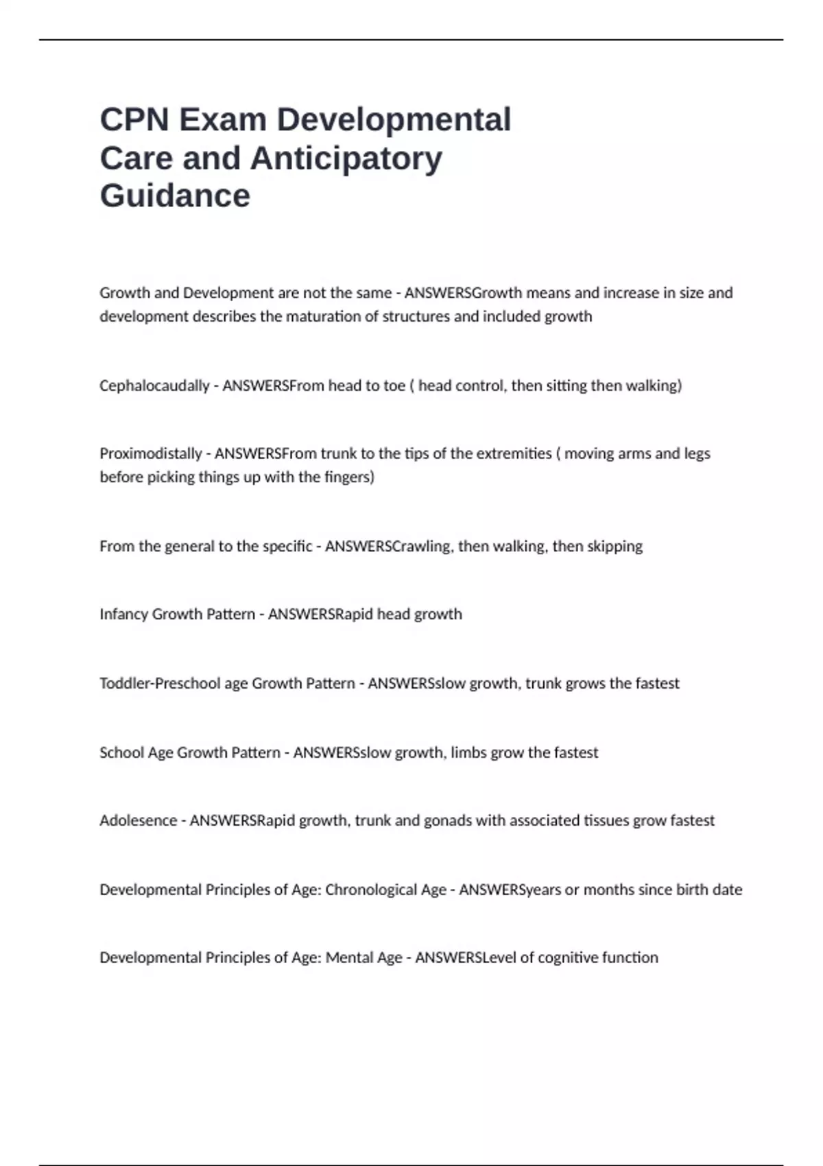 CPN Exam Developmental Care and Anticipatory Guidance - CPN - Stuvia US