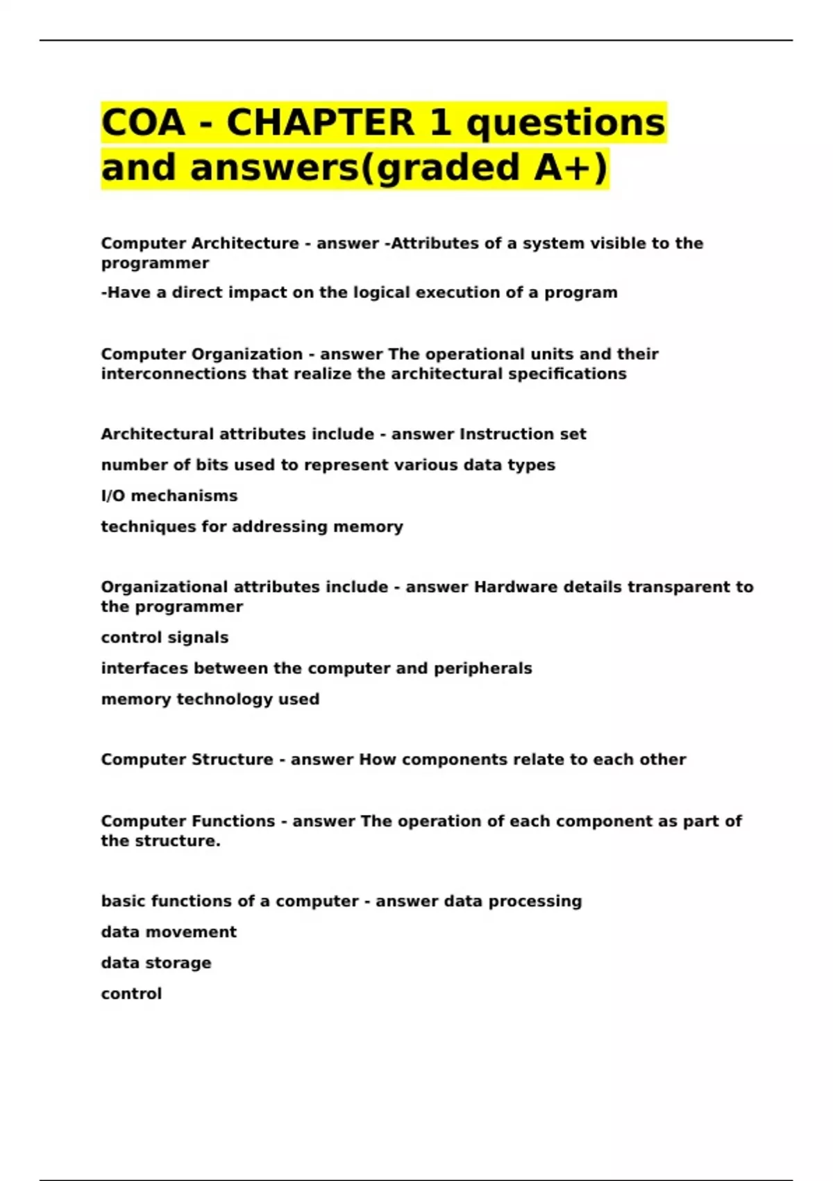 COA - CHAPTER 1 questions and answers(graded A+) - COA - Stuvia US