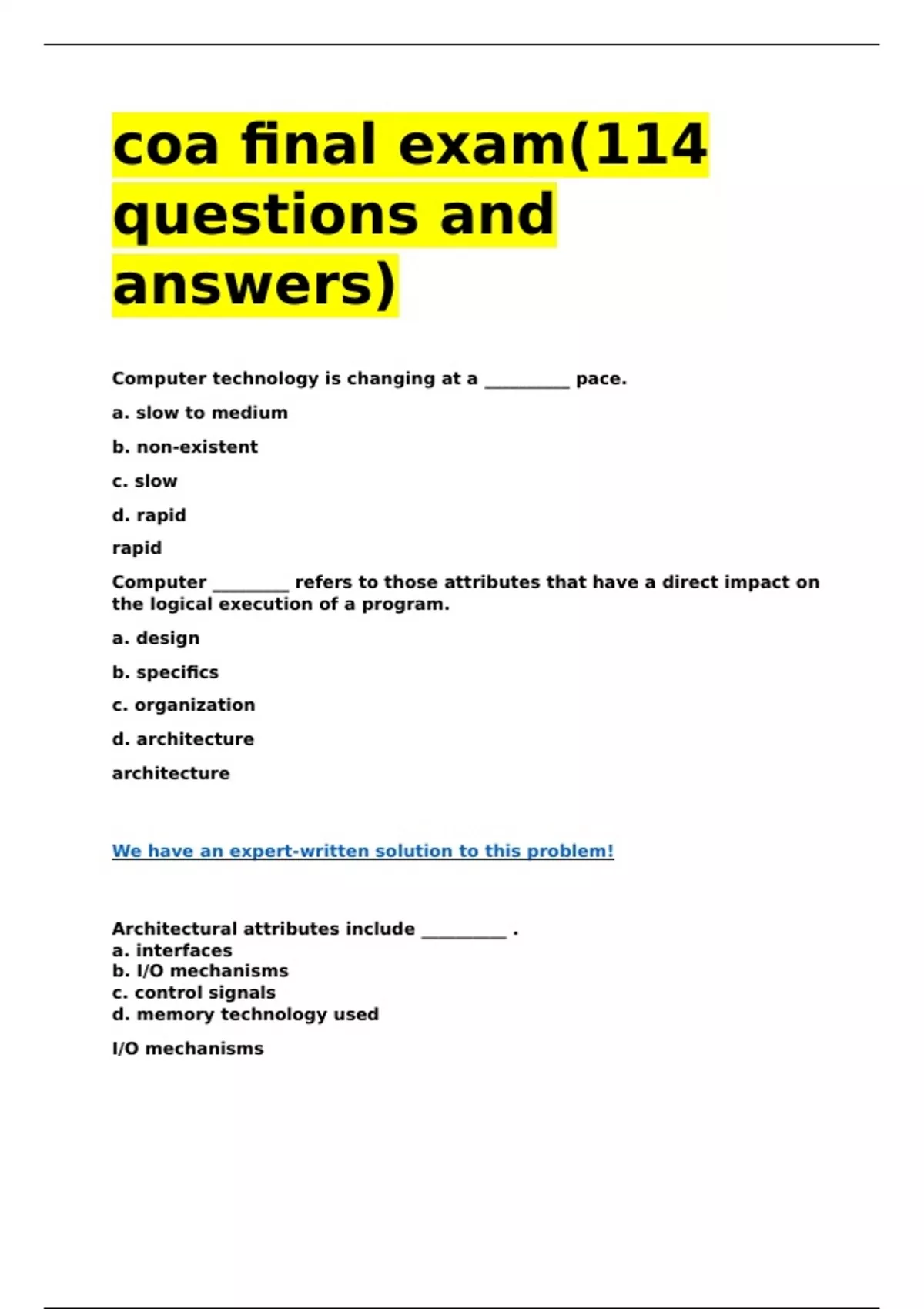 coa final exam(114 questions and answers). - COA - Stuvia US