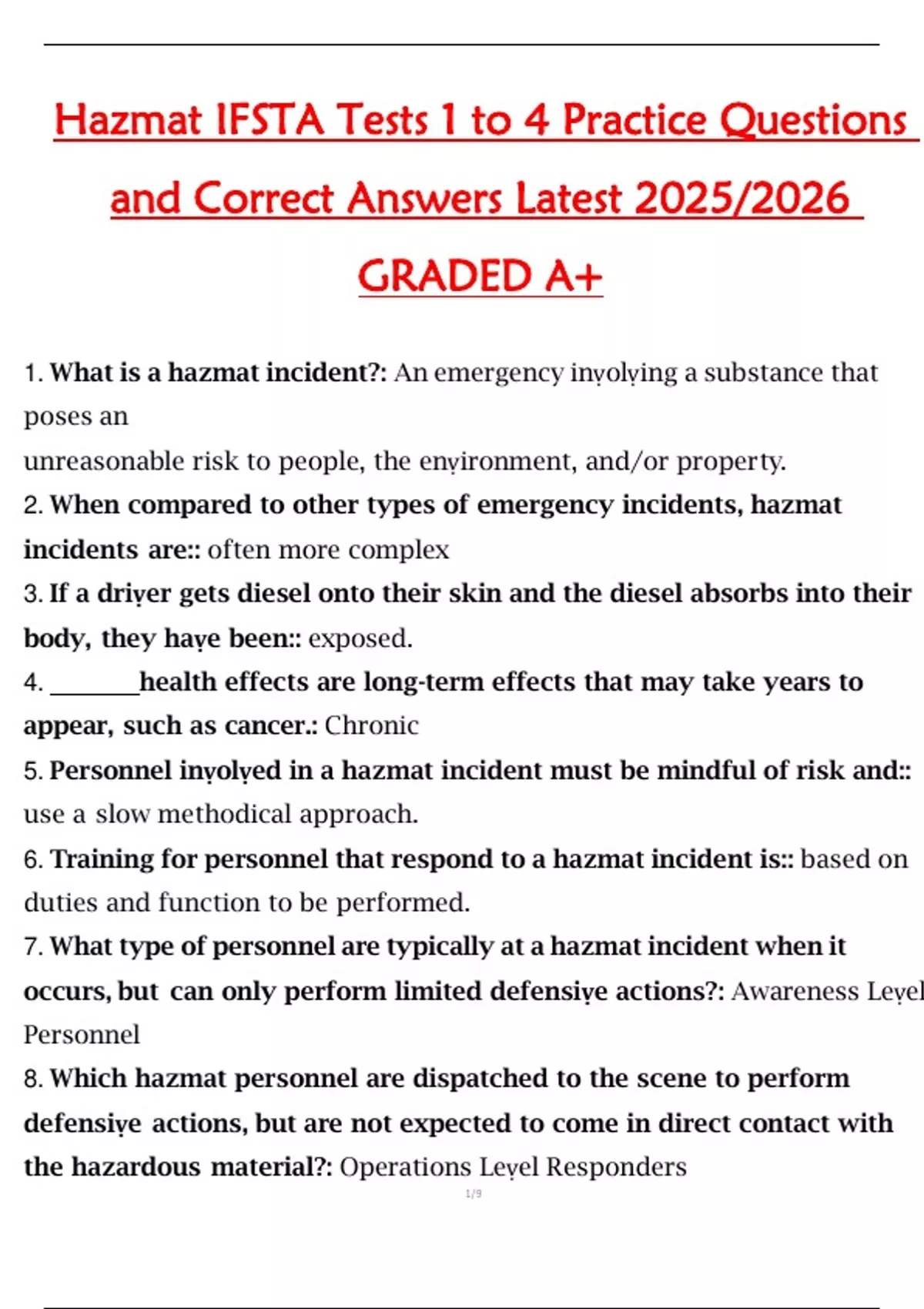 INSTANT DOWNLOAD PDF FILE********** Hazmat IFSTA Tests 1 to 4 Practice ...