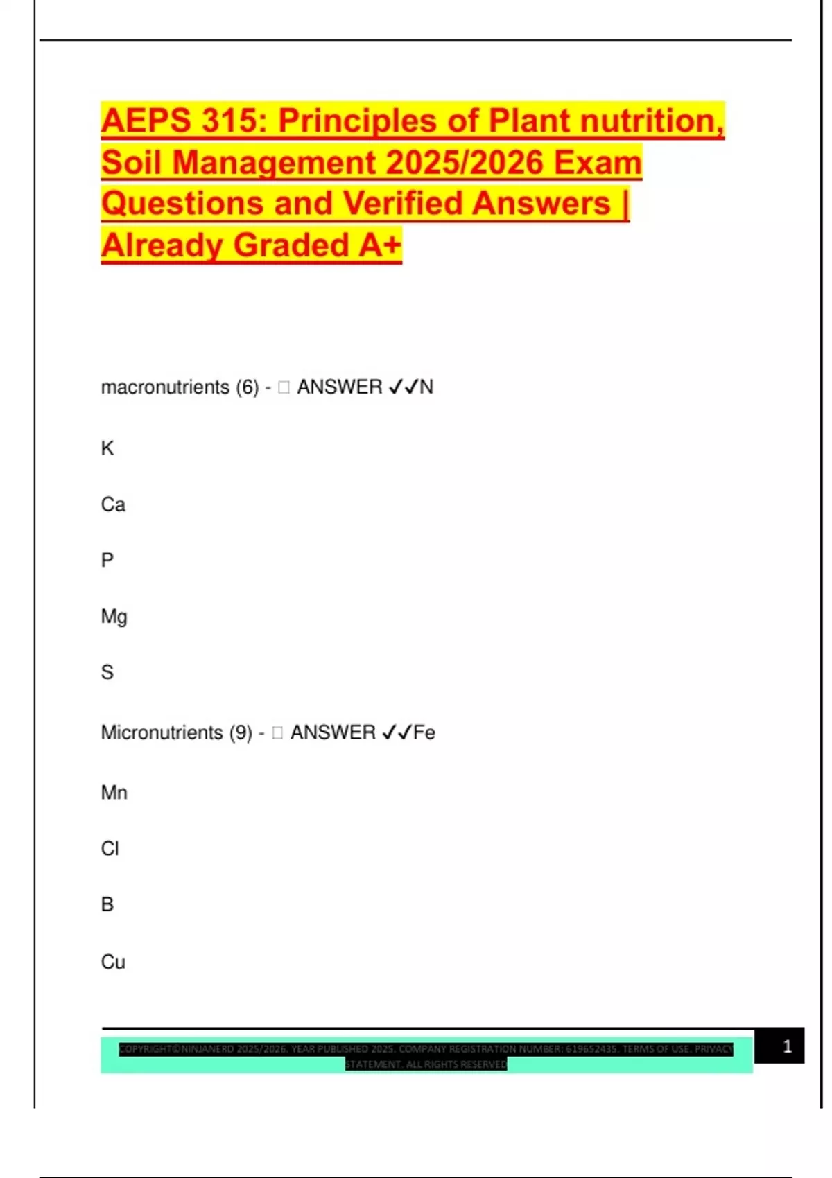 AEPS 315: Principles of Plant nutrition, Soil Management 2025/2026 Exam ...