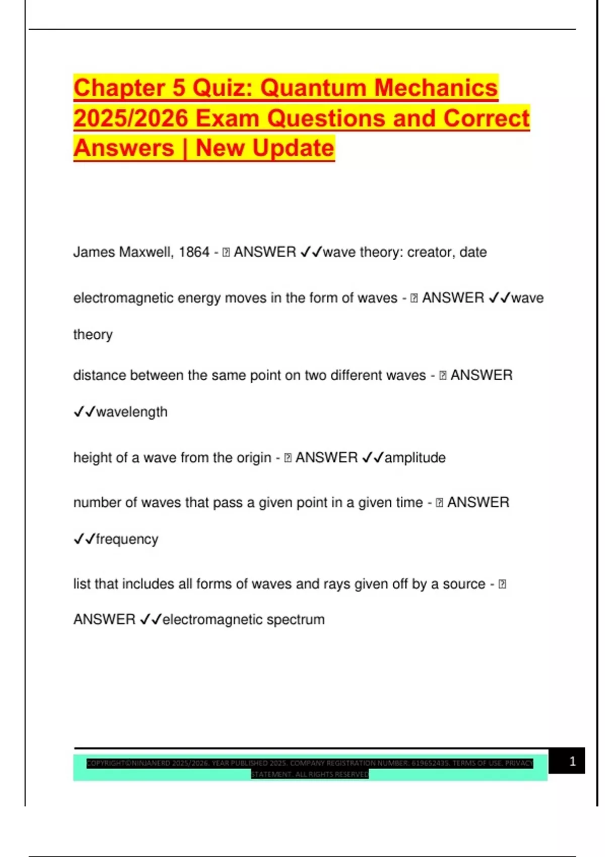 Chapter 5 Quiz: Quantum Mechanics 2025/2026 Exam Questions and Correct Answers | New Update ...