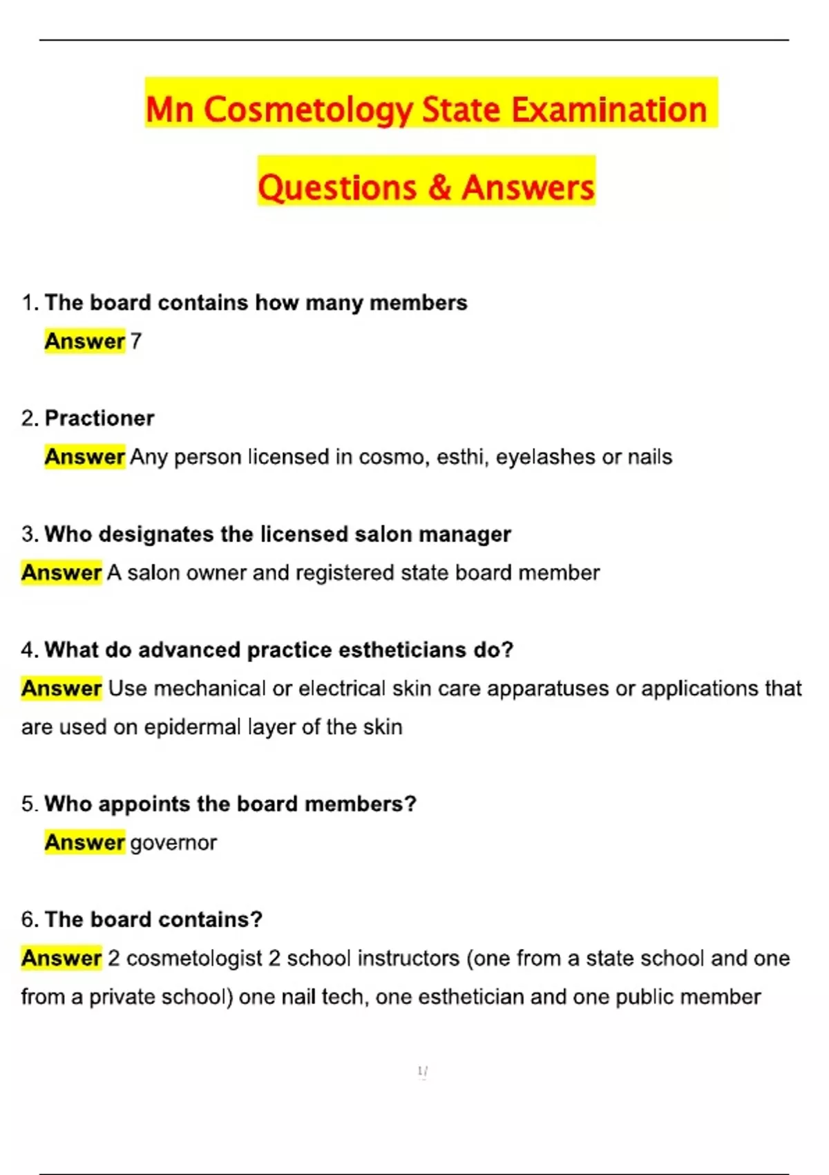 MN Cosmetology State Examination Actual 2025 Exam with Questions and Answers (2025 / 2026) 100% ...