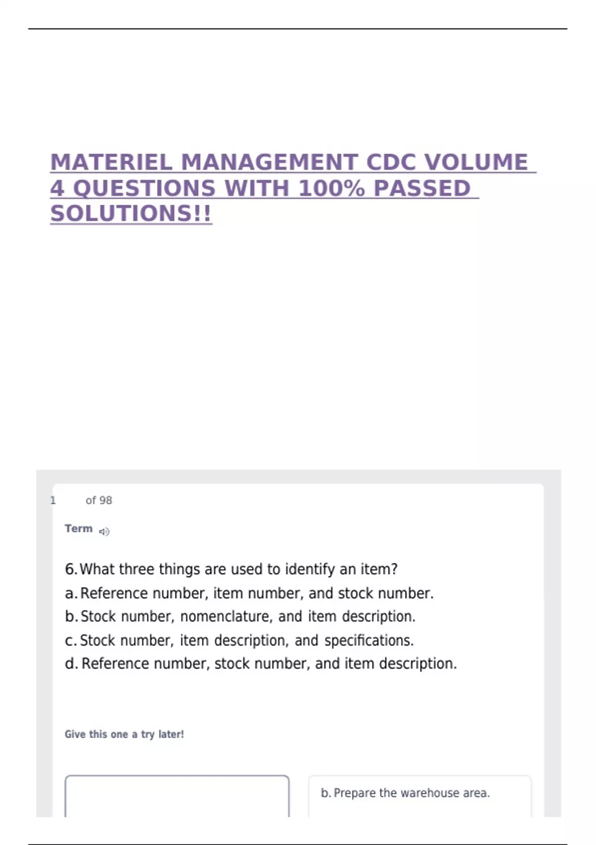 MATERIEL MANAGEMENT CDC VOLUME 4 QUESTIONS WITH 100% PASSED SOLUTIONS!! - Materiel management ...