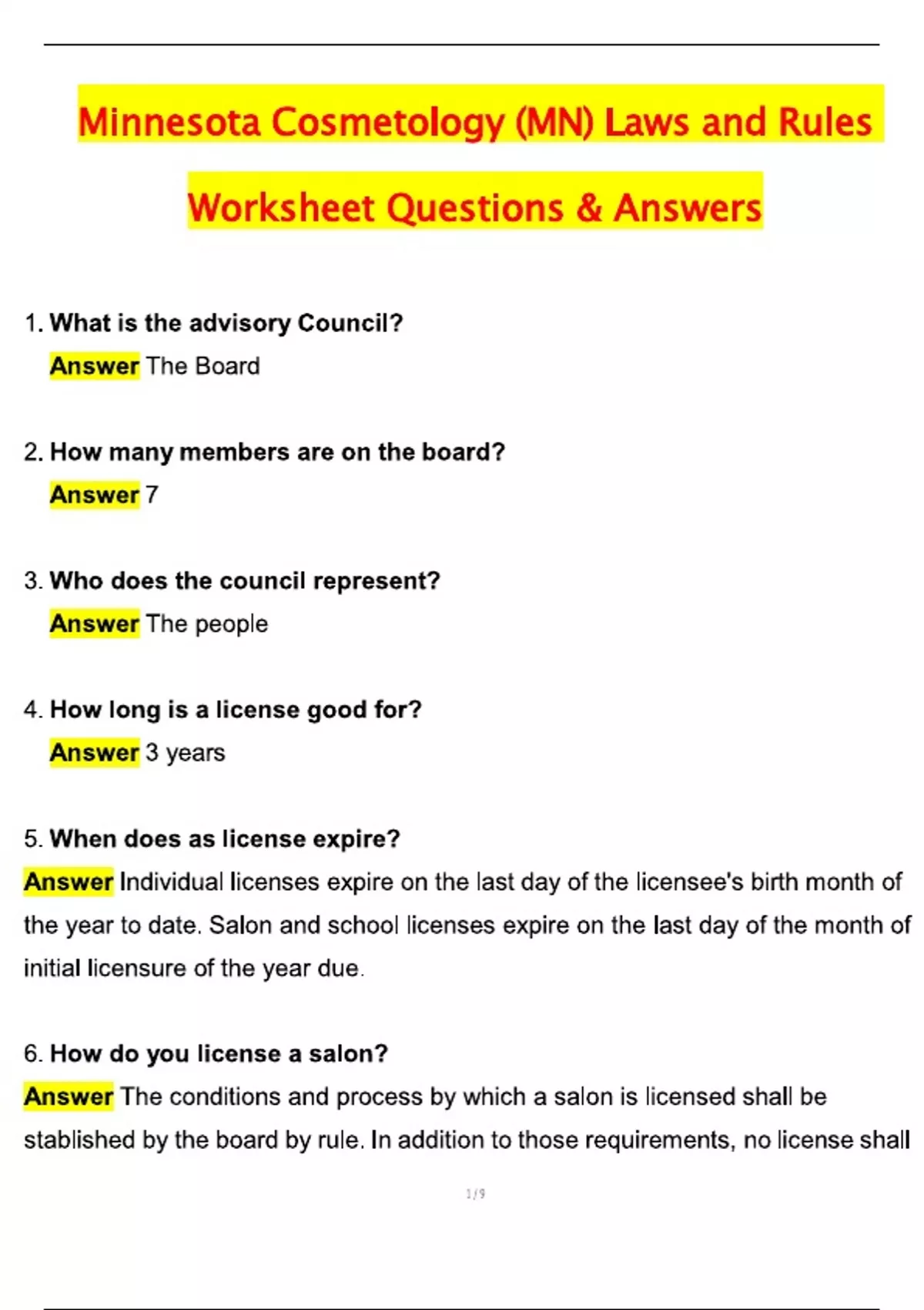 Minnesota Cosmetology (MN) Laws and Rules Worksheet Actual 2025 Exam ...