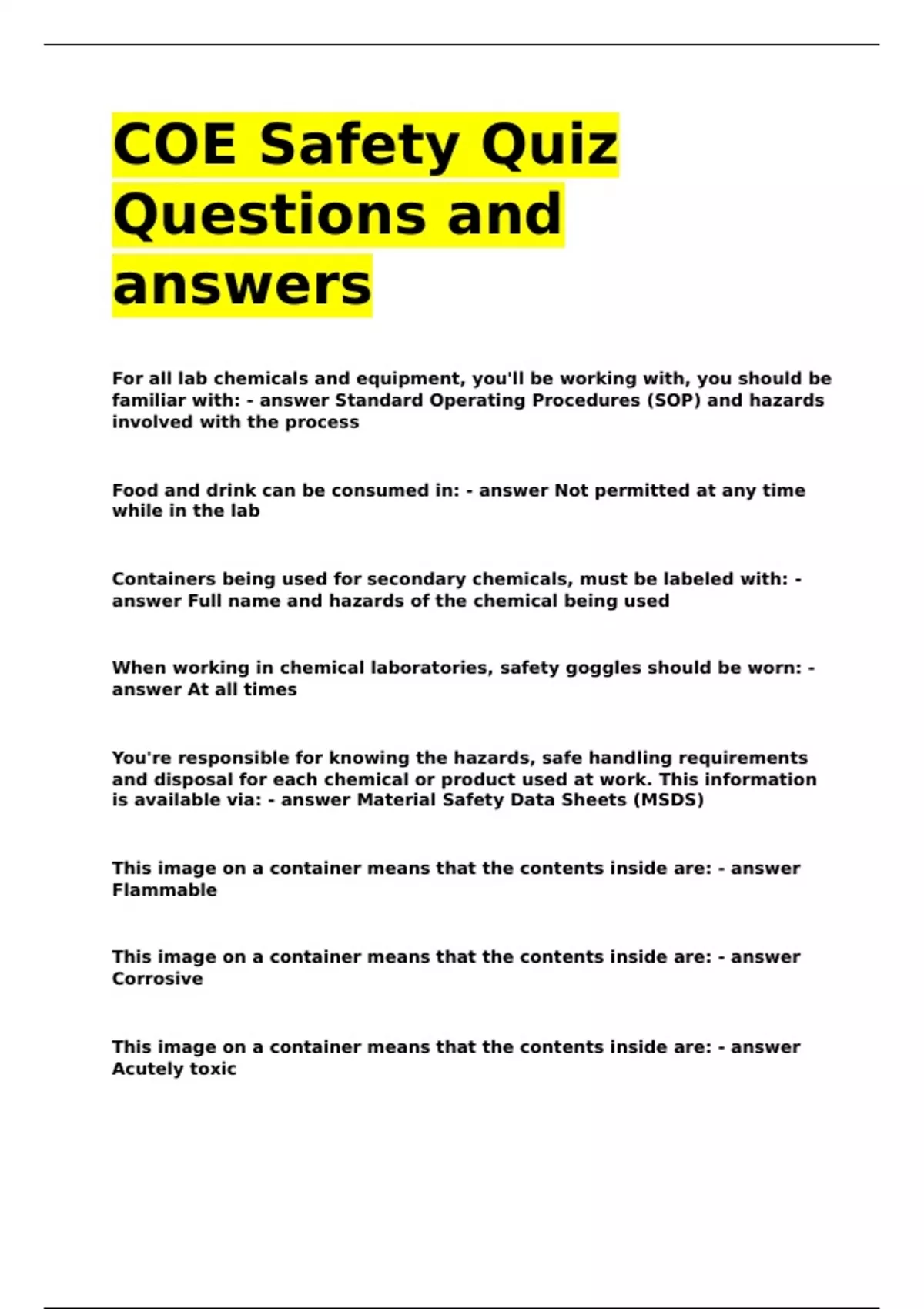 COE Safety Quiz Questions and answers - CoE - Stuvia US