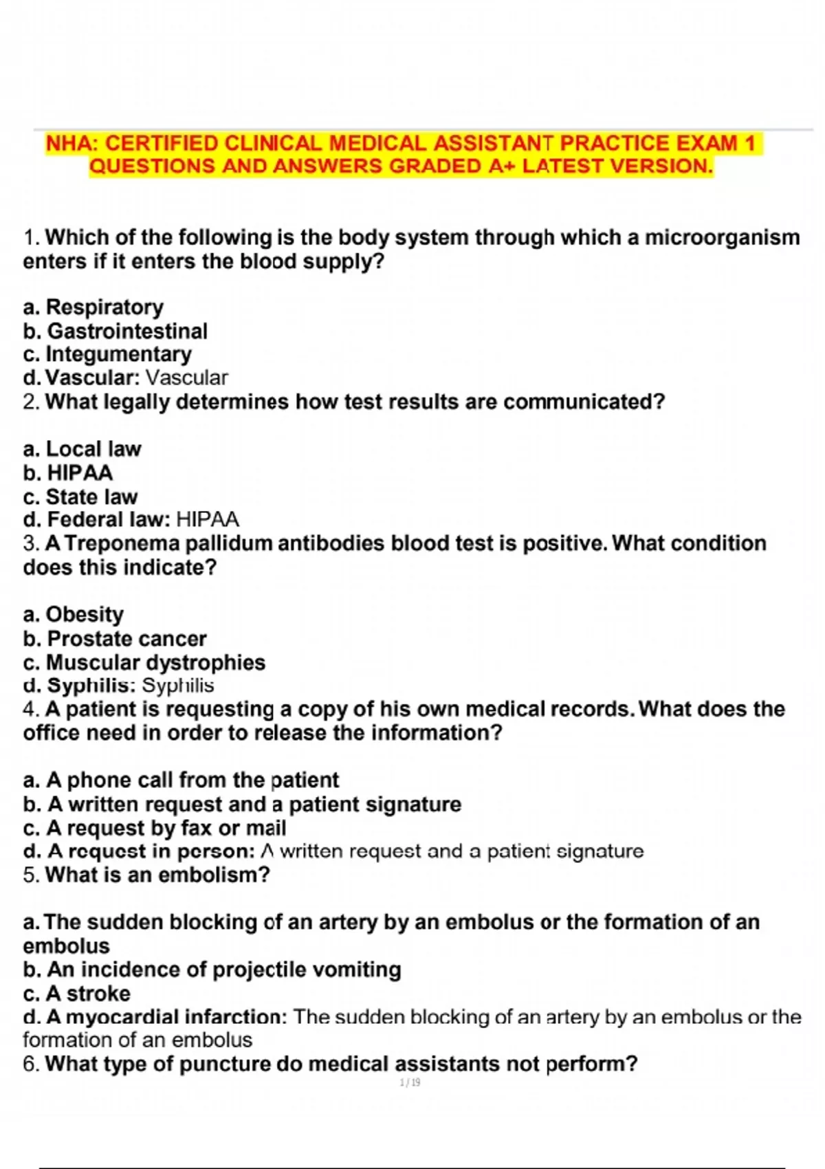 NHA: CERTIFIED CLINICAL MEDICAL ASSISTANT PRACTICE EXAM 1 QUESTIONS AND ...